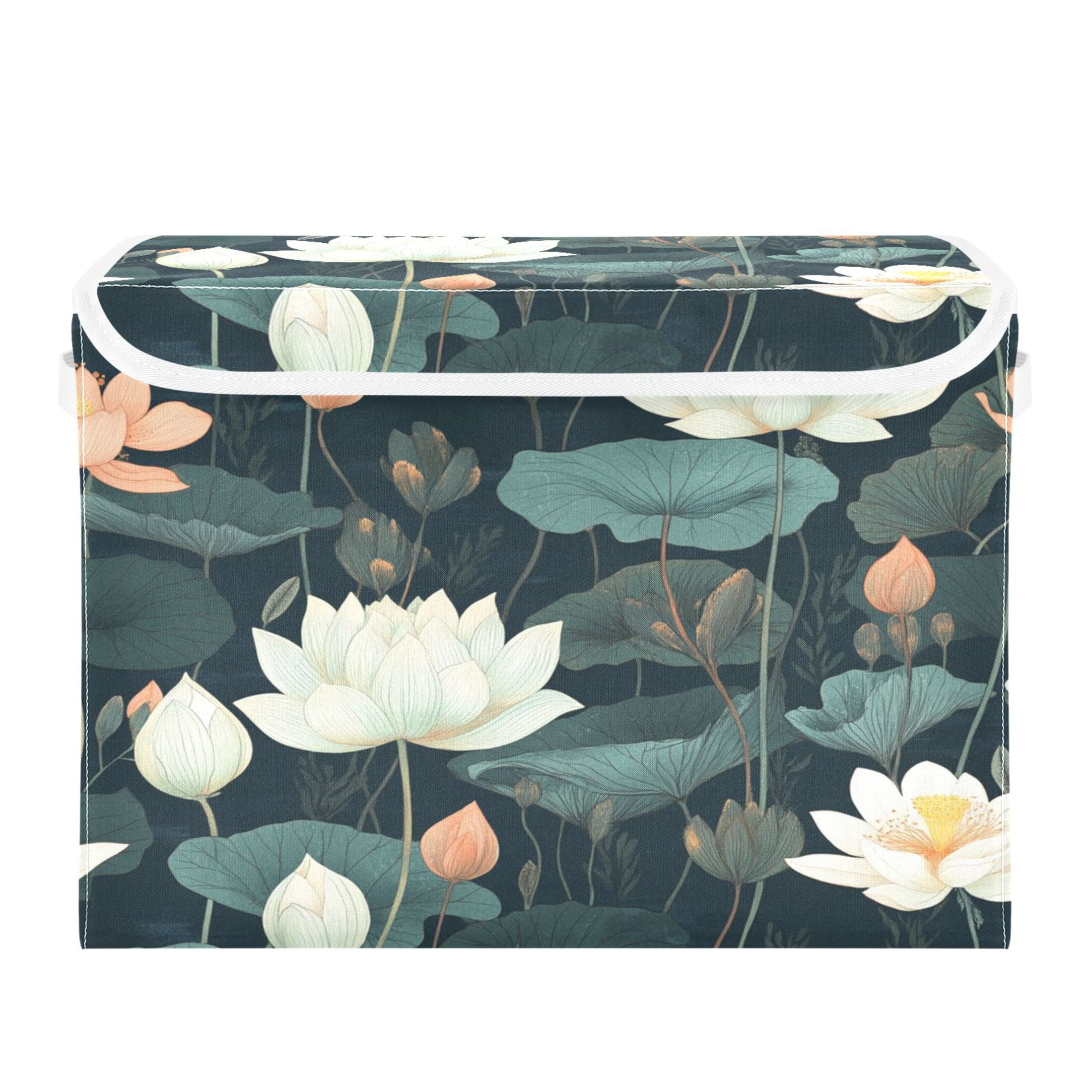 WOBOGO White Lotus Flower Large Collapsible Storage Box Flip Lid Fabric ...