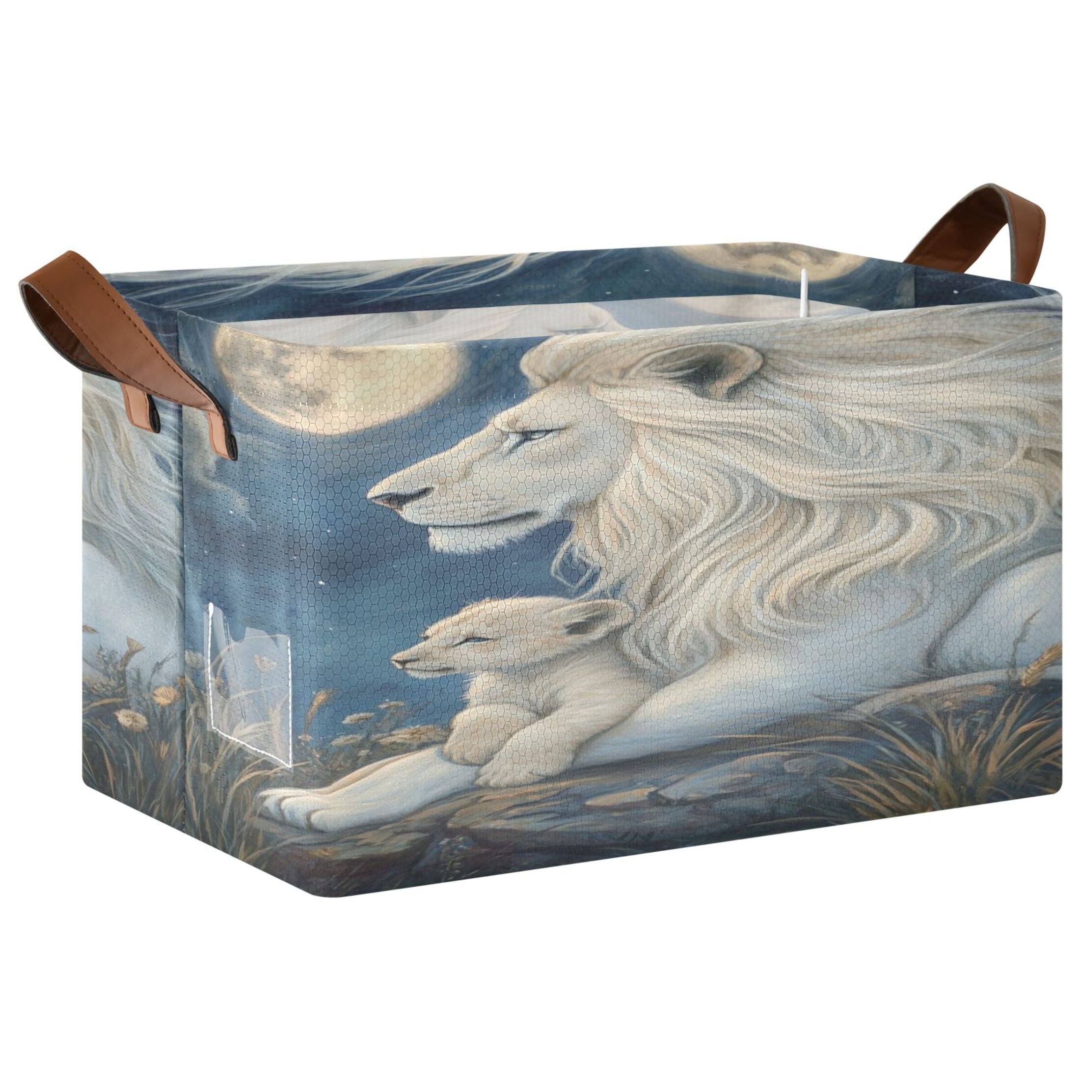 WOBOGO White Maned Lion Storage Basket 16.9×11.4×10in Collapsible ...