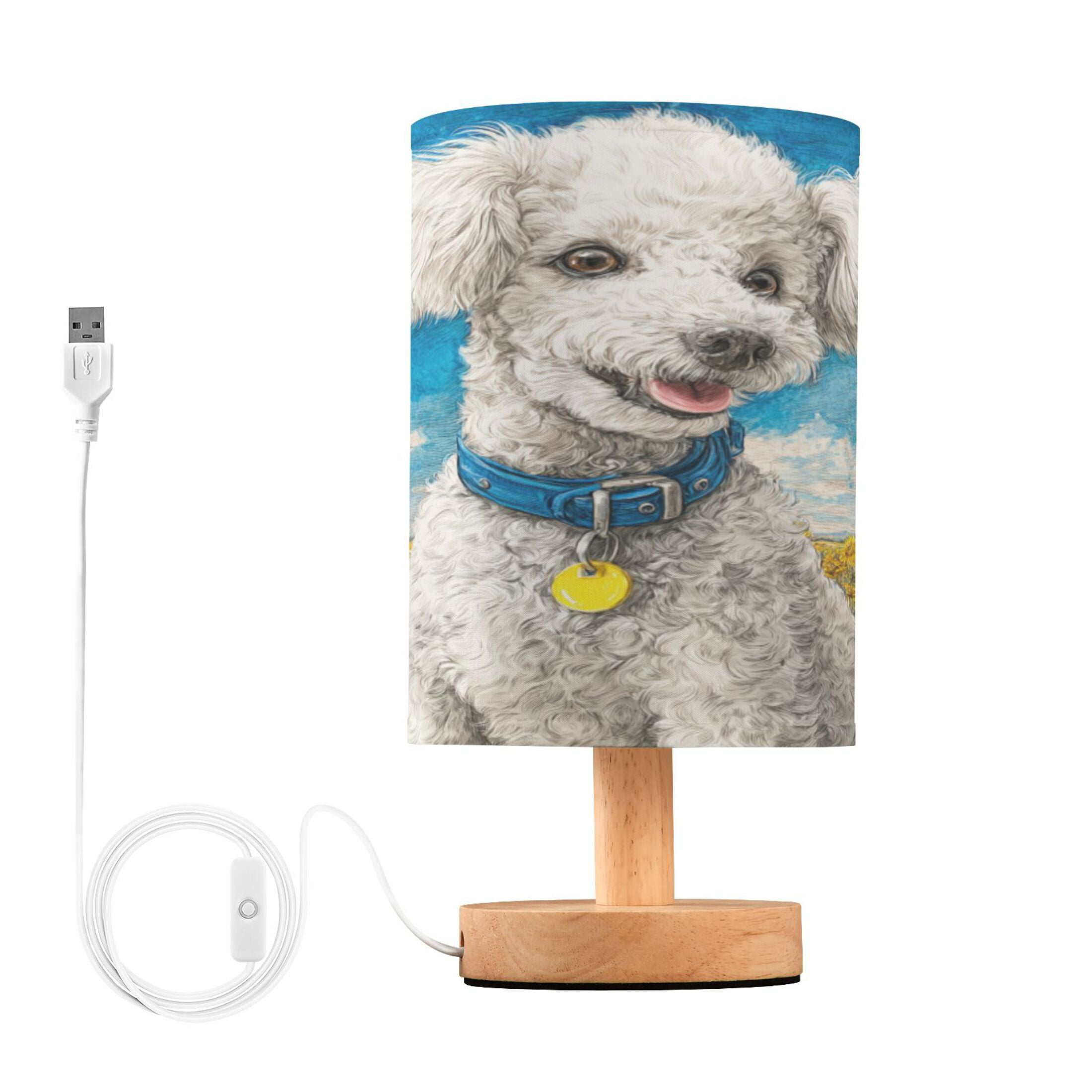 WOBOGO White Poodle Bedroom Table Lamp USB Power Connector Wooden Base ...