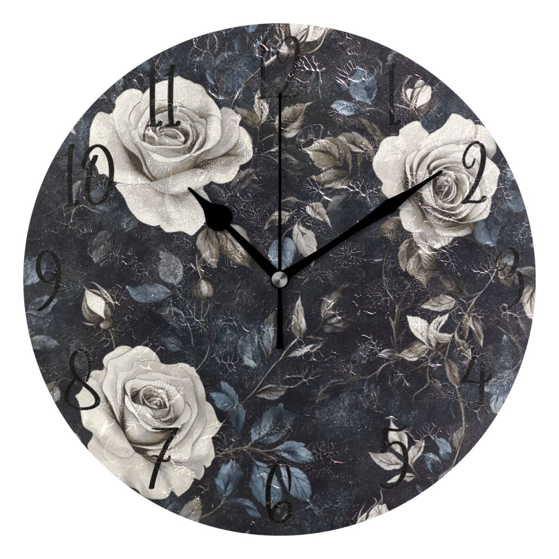 WOBOGO White Rose Wall Clock 10in Silent Mechanism Battery Operated ...