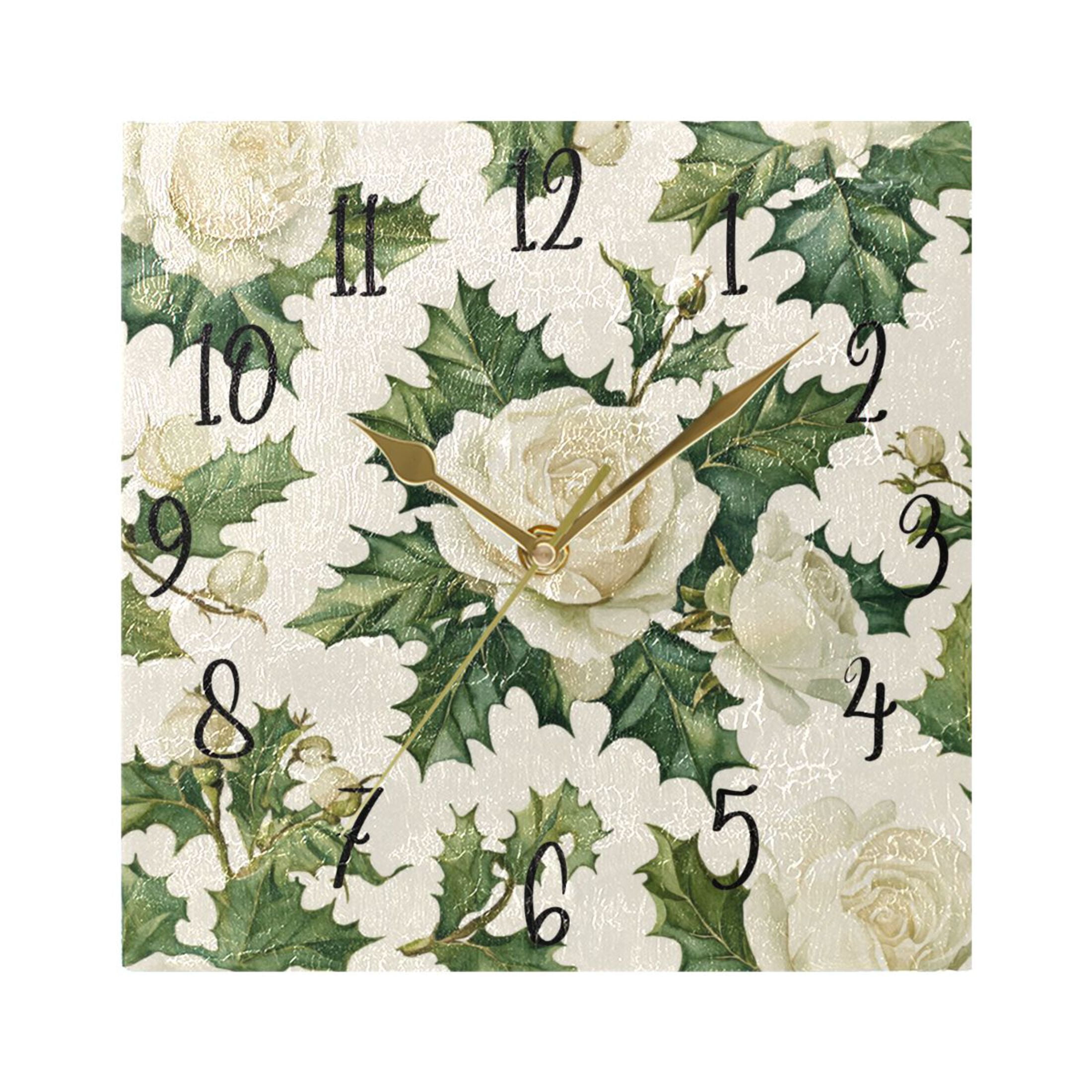 WOBOGO White Roses and Holly Leaves Wall Clock 7.78 Inch Battery ...