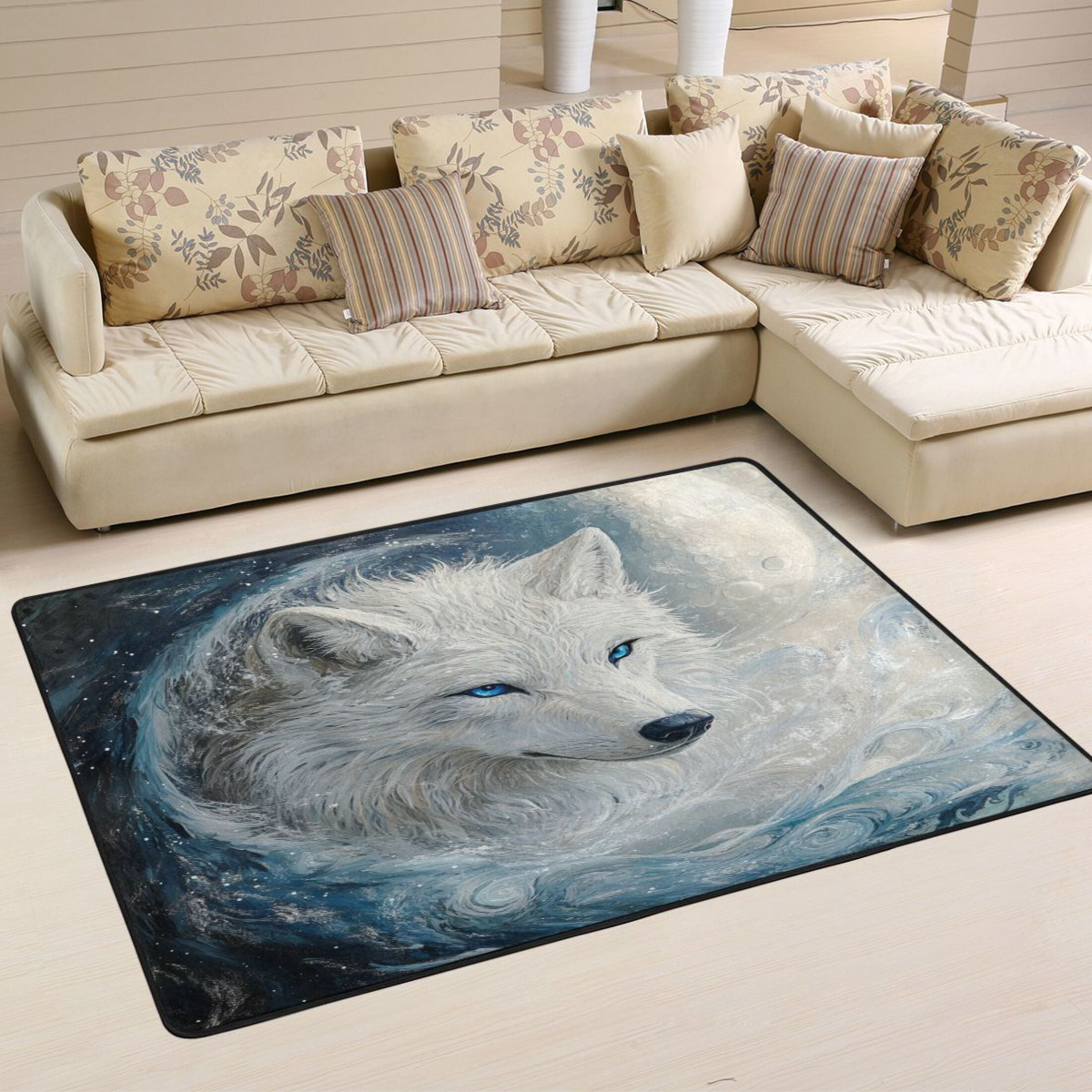 WOBOGO White Wolf with Blue Eyes Carpet Non-Slip Rugs Soft Doormat 72× ...