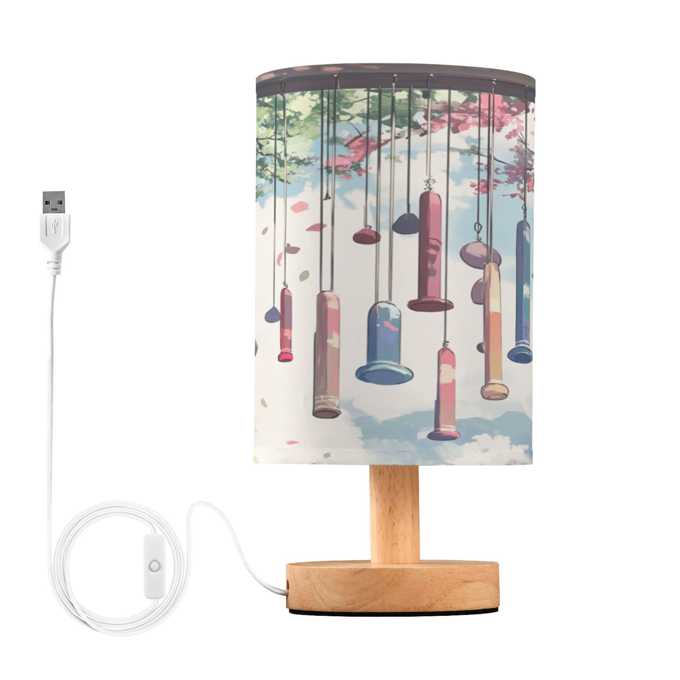 WOBOGO Wind Chimes Bedroom Table Lamp USB Power Connector Wooden Base ...