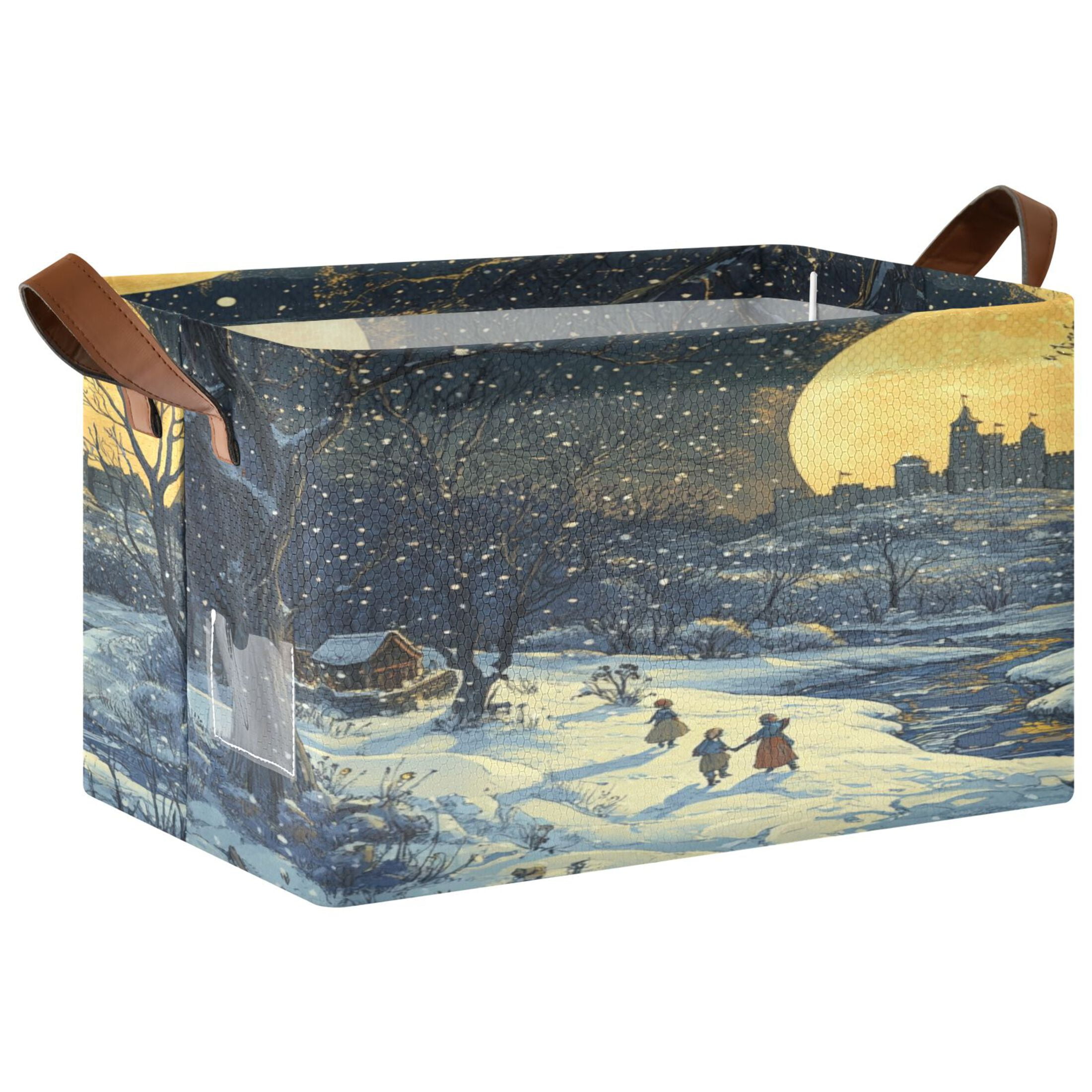 WOBOGO Winter Village Scenery Storage Basket 16.9×11.4×10in Collapsible ...