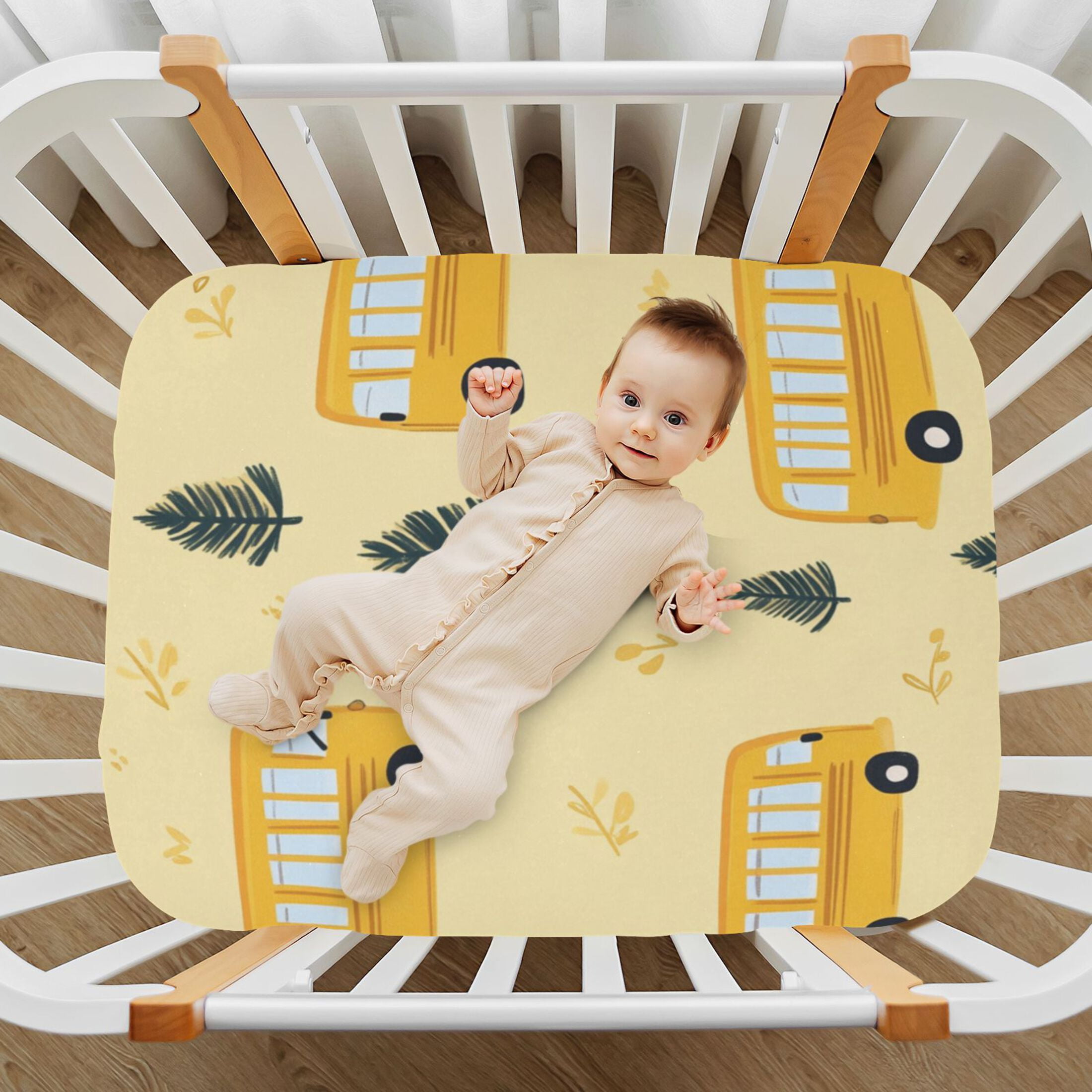 WOBOGO Yellow Kindergarten School Bus Pattern Baby Crib Sheets Super ...