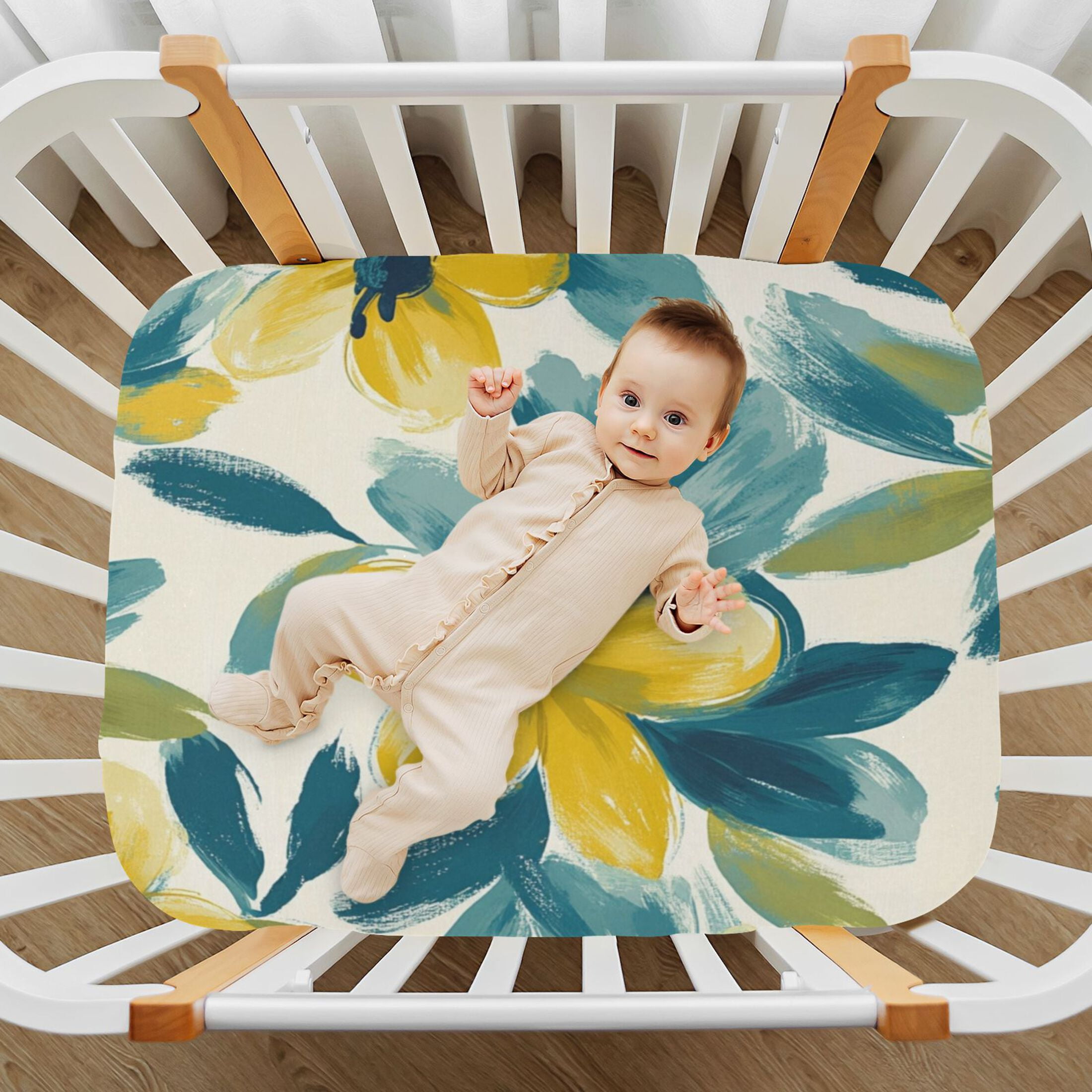 WOBOGO Yellow and Teal Flowers Baby Crib Sheets Super Soft Microfiber ...