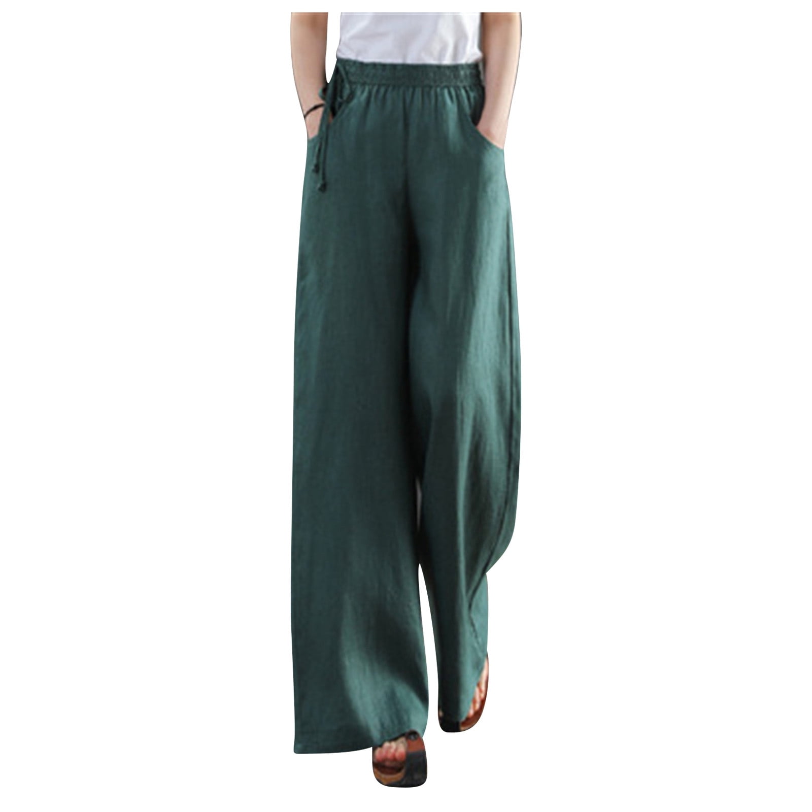 WOEOEE Women Cotton Linen Palazzo Pants High Waist Womens Wide Leg ...