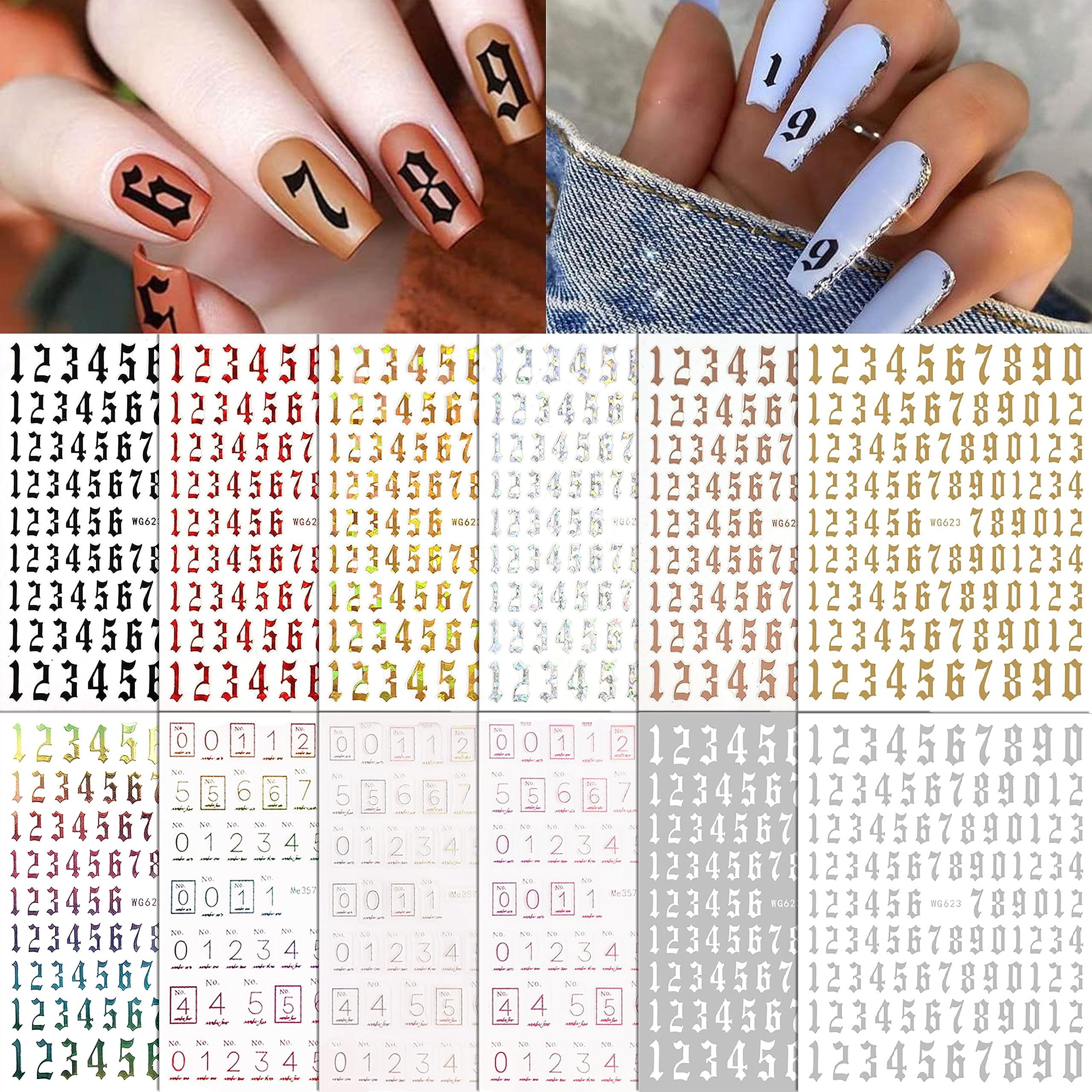 WOKOTO 12 Sheets Colorful Number Nail Stickers for Nail Art Number ...