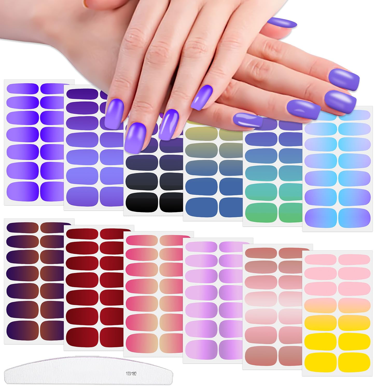 WOKOTO 12 Sheets Ombre Gradient Nail Wraps for Nail Art Strips with Nail File Kit Solid Gradient ...