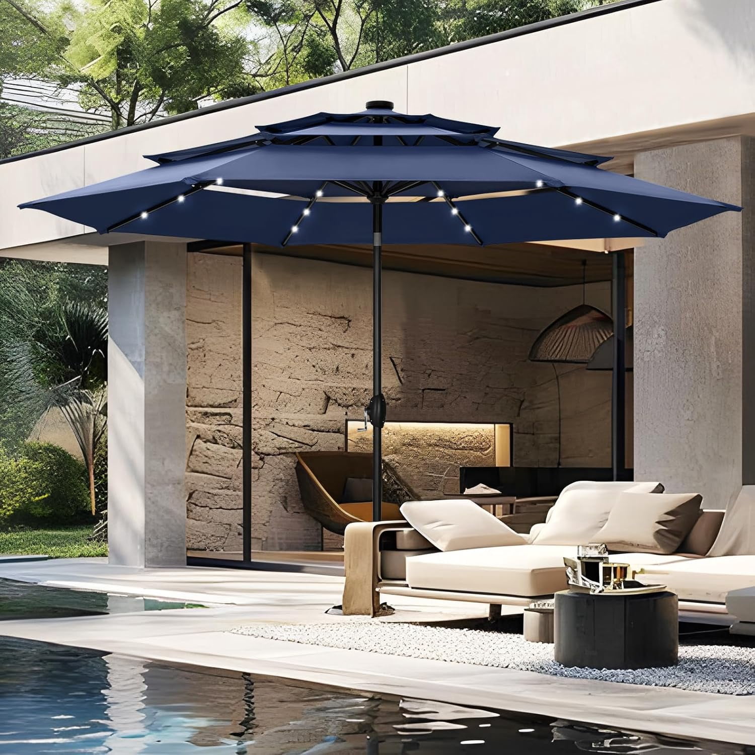 WOLEGEDO 10ft Patio Umbrella with Solar Lights, Outdoor 3 Tier Vented ...