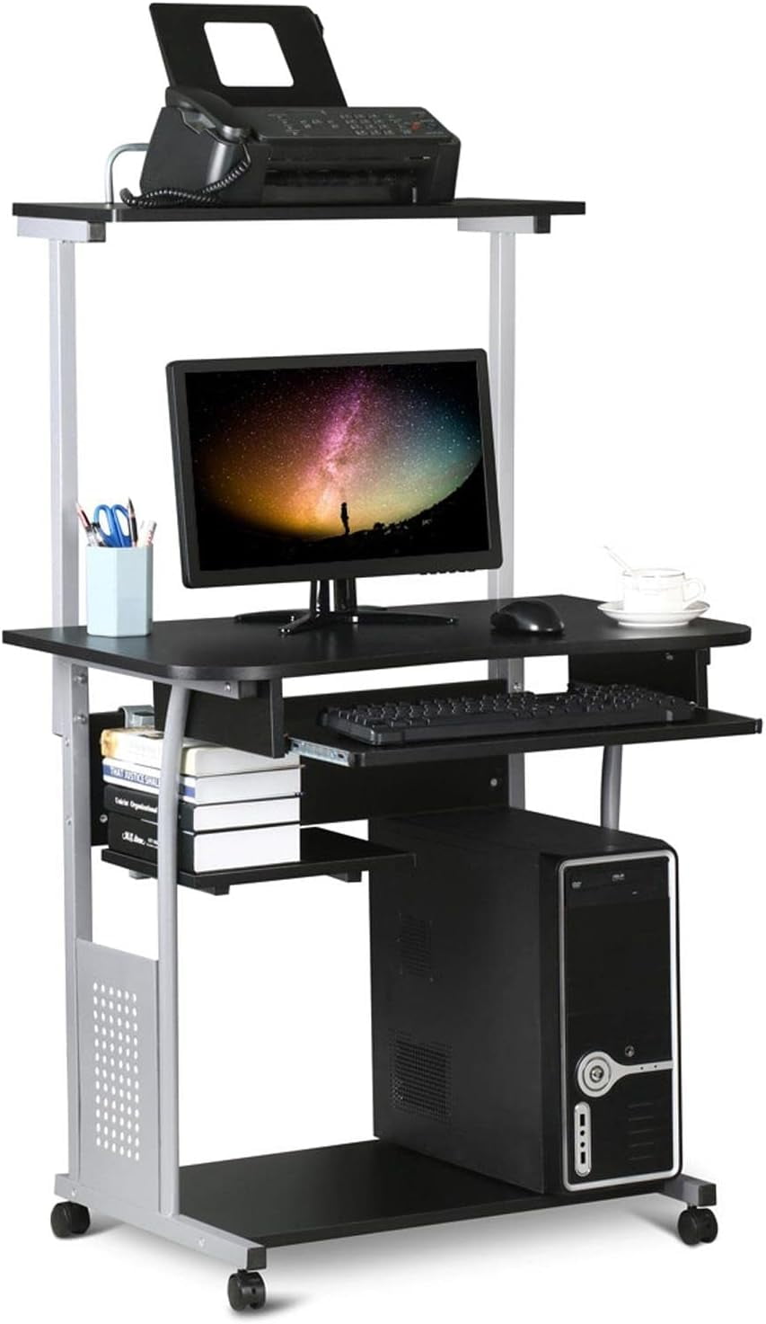 WOLEGEDO 2 Tier Mobile Computer Desk with Printer Shelf & Keyboard Tray ...