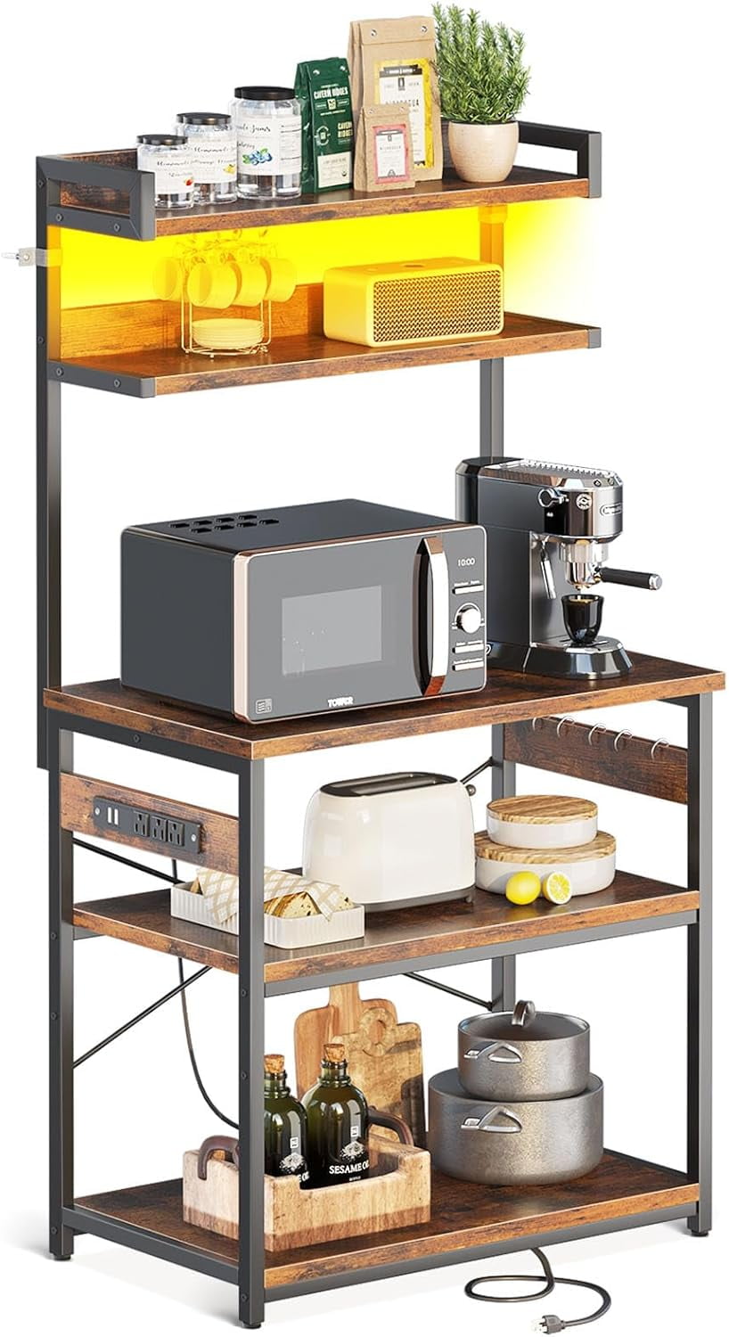 WOLEGEDO ODK Bakers Rack with Power Outlet, Coffee Bar with Storage 5 ...