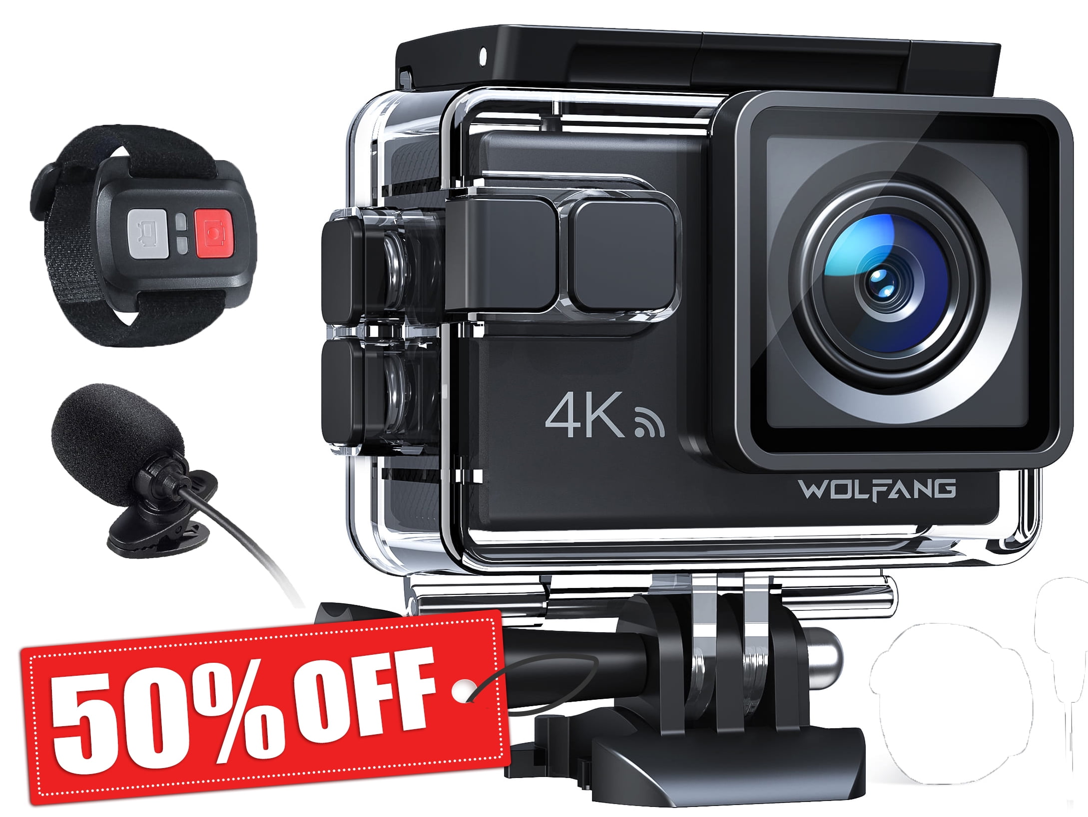 WOLFANG 4K 20MP Action Camera Dual Microphone 40M Waterproof Underwater ...