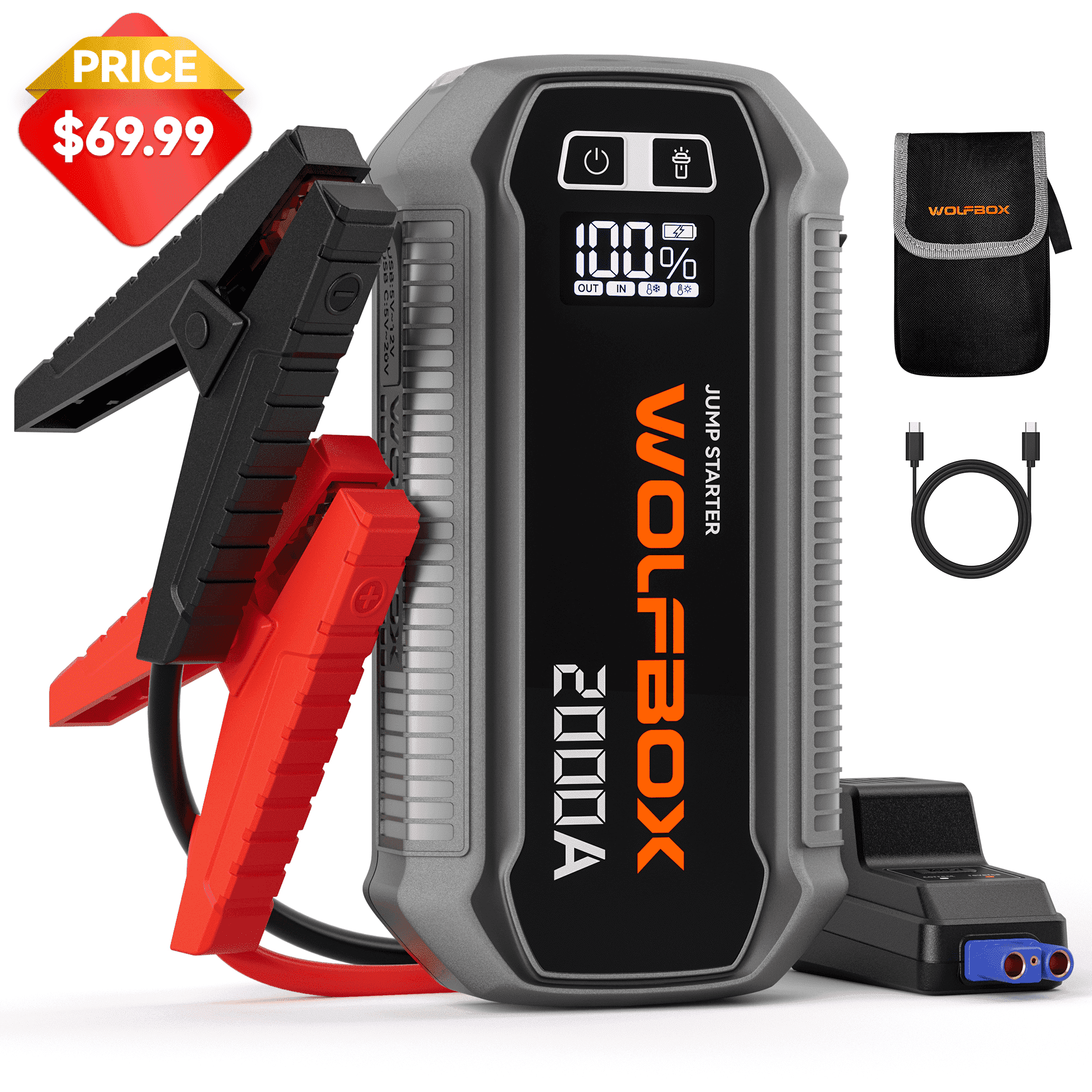 WolfBox 2000A Car Jump Starter, Portable Battery Booster Pack, 12V ...