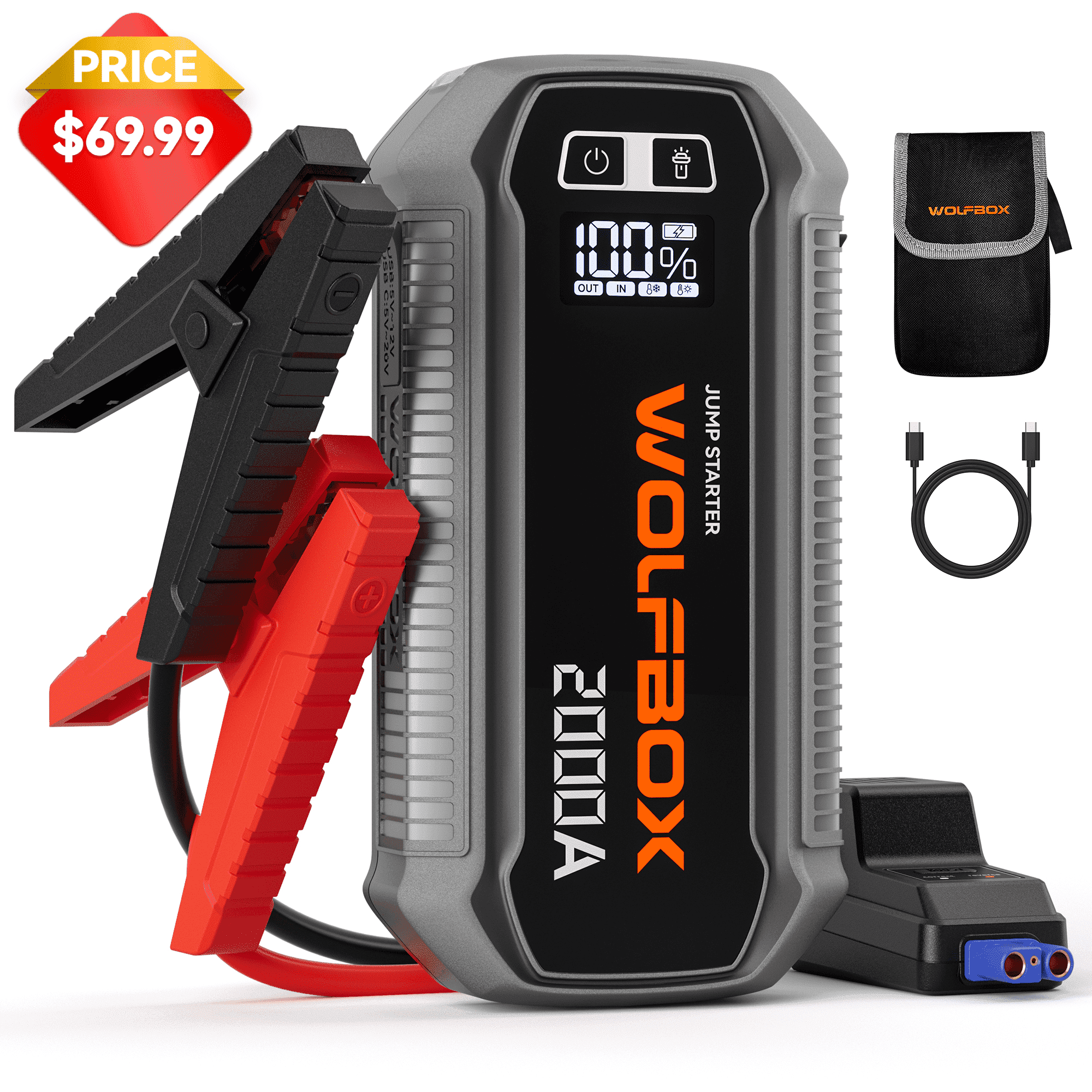 WolfBox Car Jump Starter, 2000A Peak 12000mAh 12V Battery Jump Box(7L ...