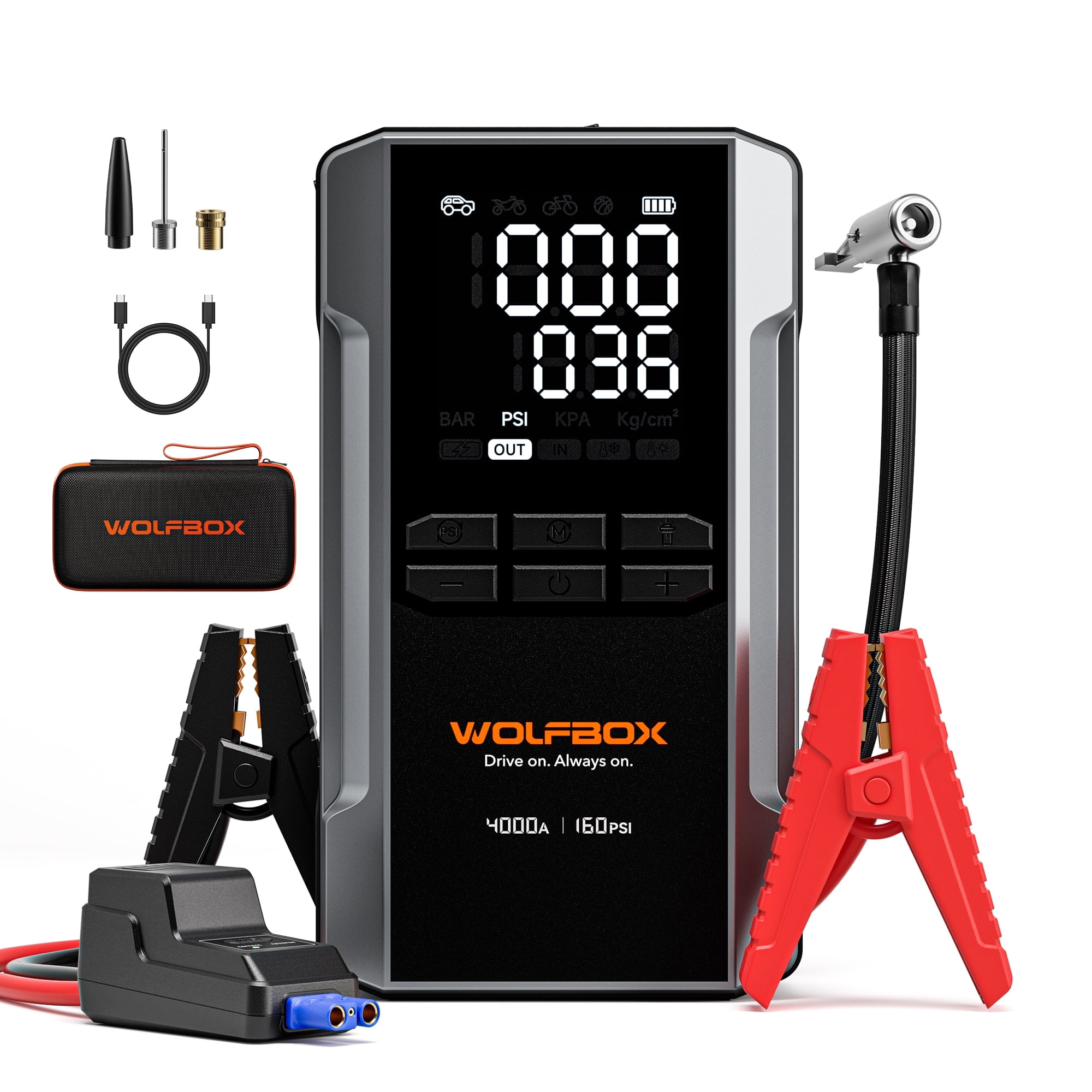 WOLFBOX 4000A Jump Starter with 160PSI Air Compressor, 65W Fast Charge ...