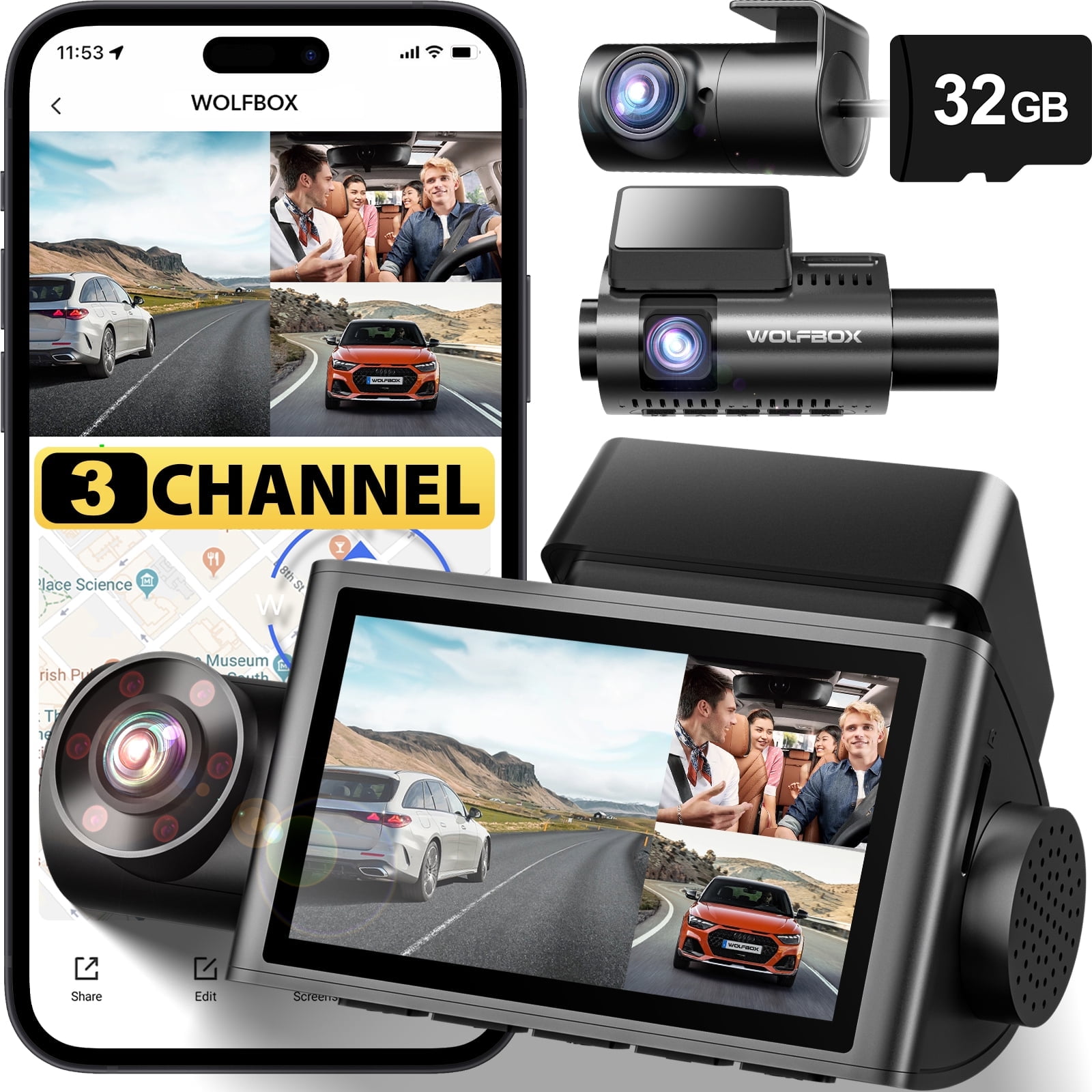 WolfBox 3 Channel Triple Dash Cam, 4K/2.5K+1080P Cars Camera, 3" LCD ...
