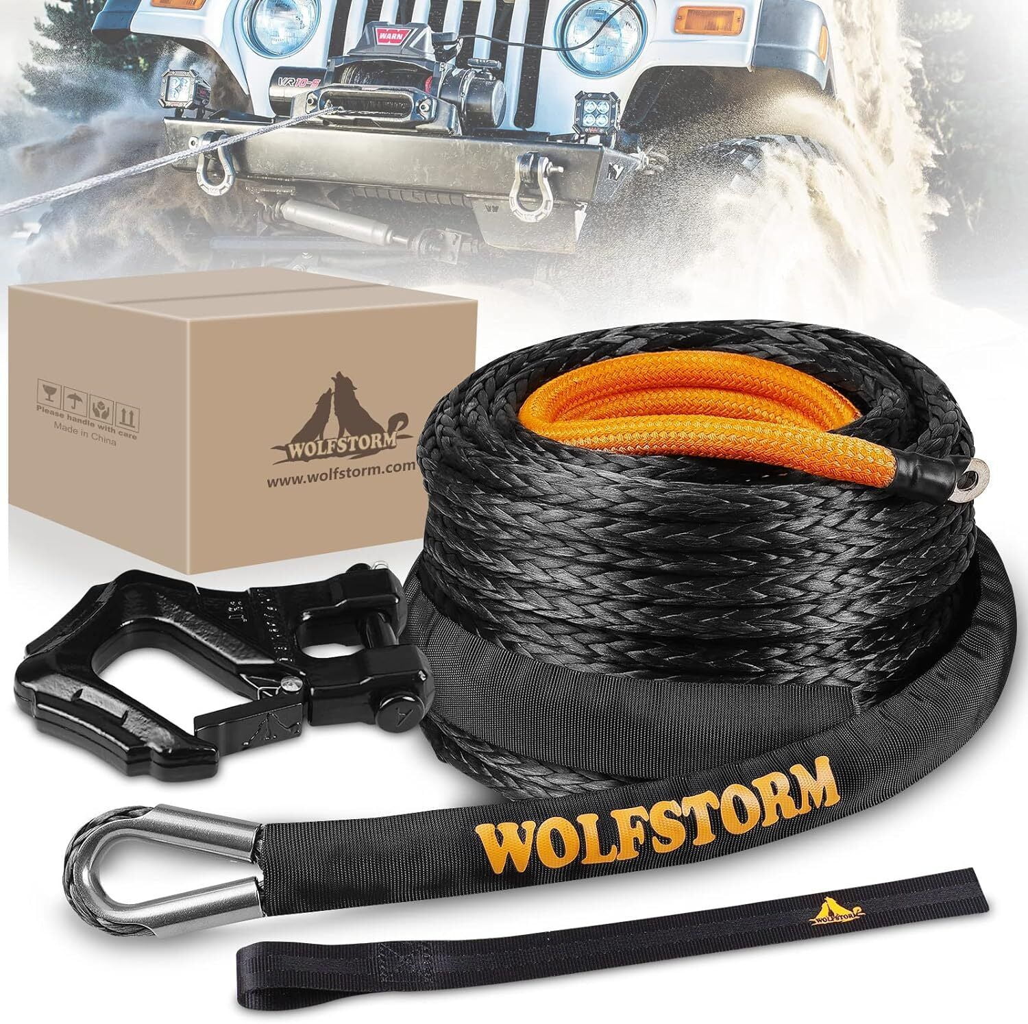 WOLFSTORM 1/2"x100ft Synthetic Winch Rope w/Winch Hook Winch Line Cable ...