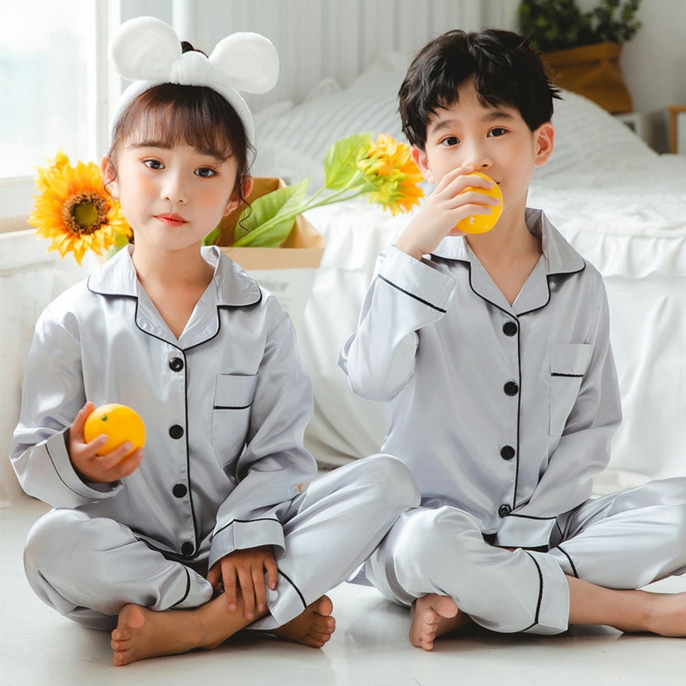 WOLLED 3-14Y Boys Girls Silk Pajamas Set for Kids Silk Button down Pjs ...