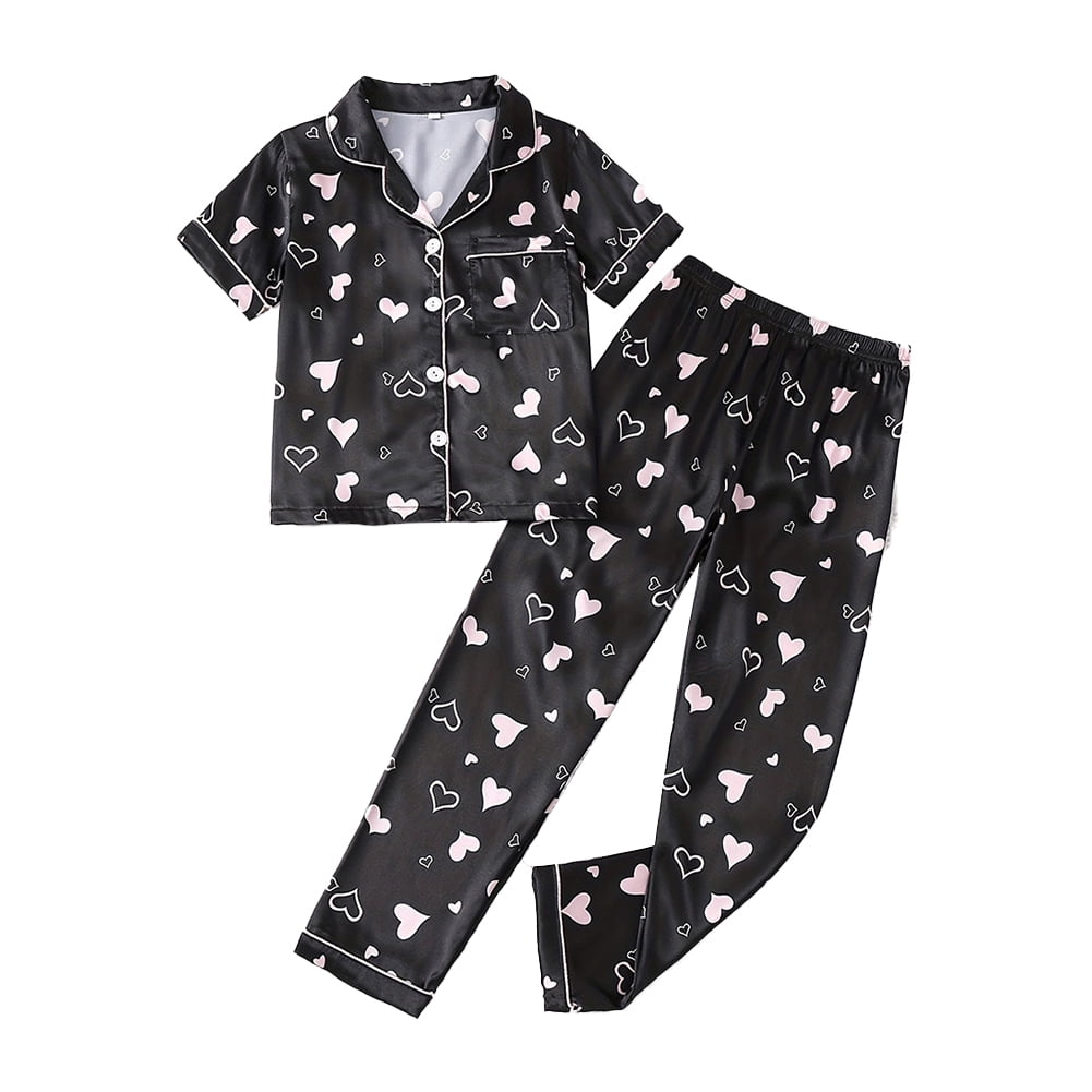 WOLLED 8-12T Girls Satin Pajamas Set, 2pj Silk Nightwear Button-Down ...