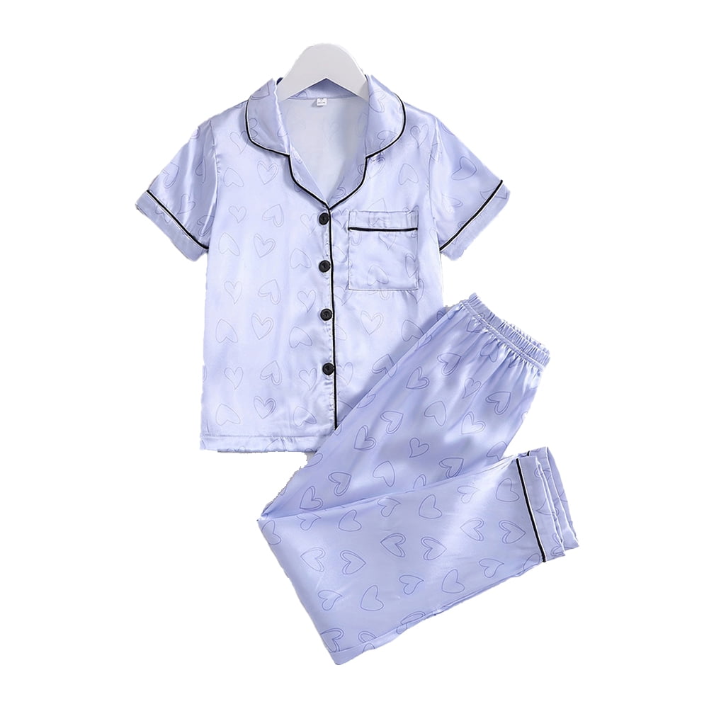 WOLLED 8-12T Girls Satin Pajamas Set, 2pj Silk Nightwear Button-Down ...
