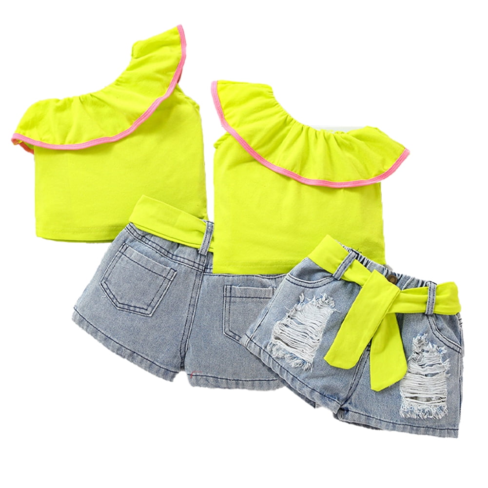 WOLLED Little Girls Cotton Outfit Kids One Shoulder Sleeveless Tops and ...