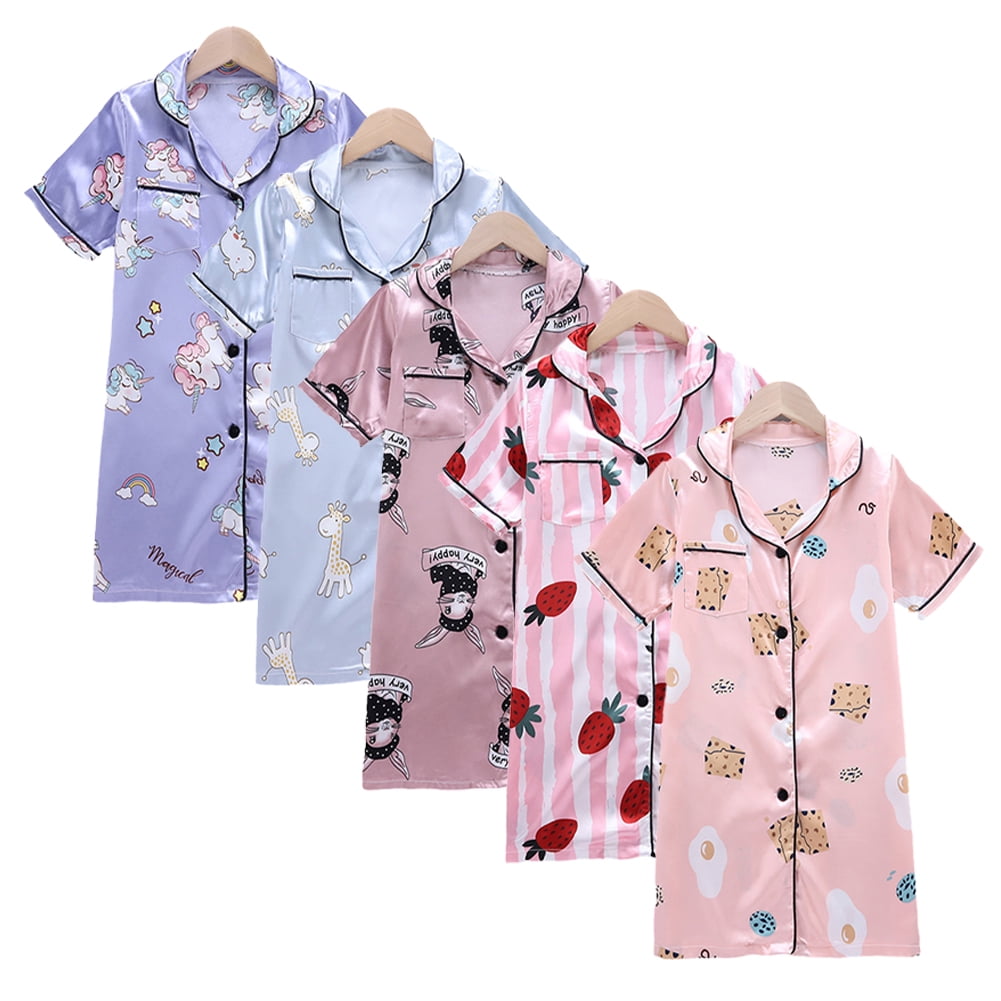 WOLLED Toddler Kids Girls Satin Pajamas Dress Button down Silky ...