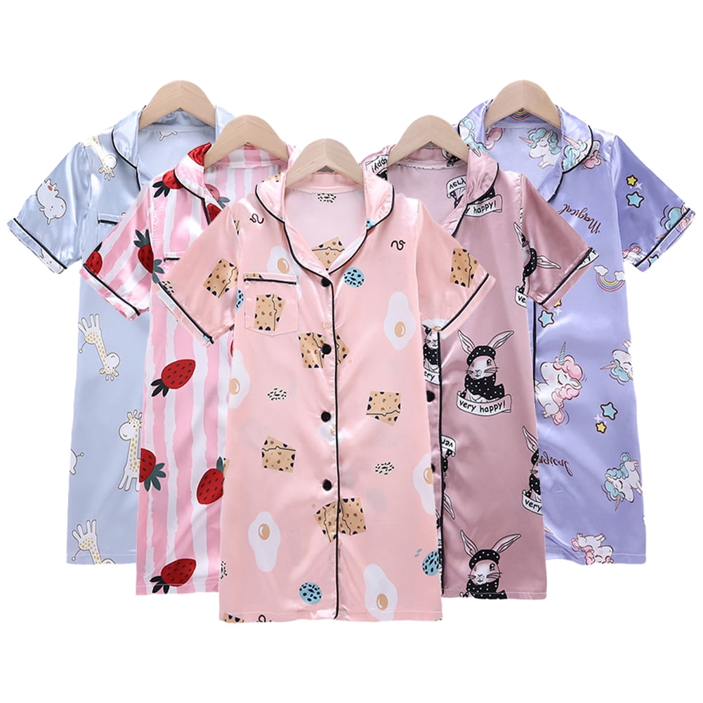 WOLLED Toddler Kids Girls Satin Pajamas Dress Button down Silky ...