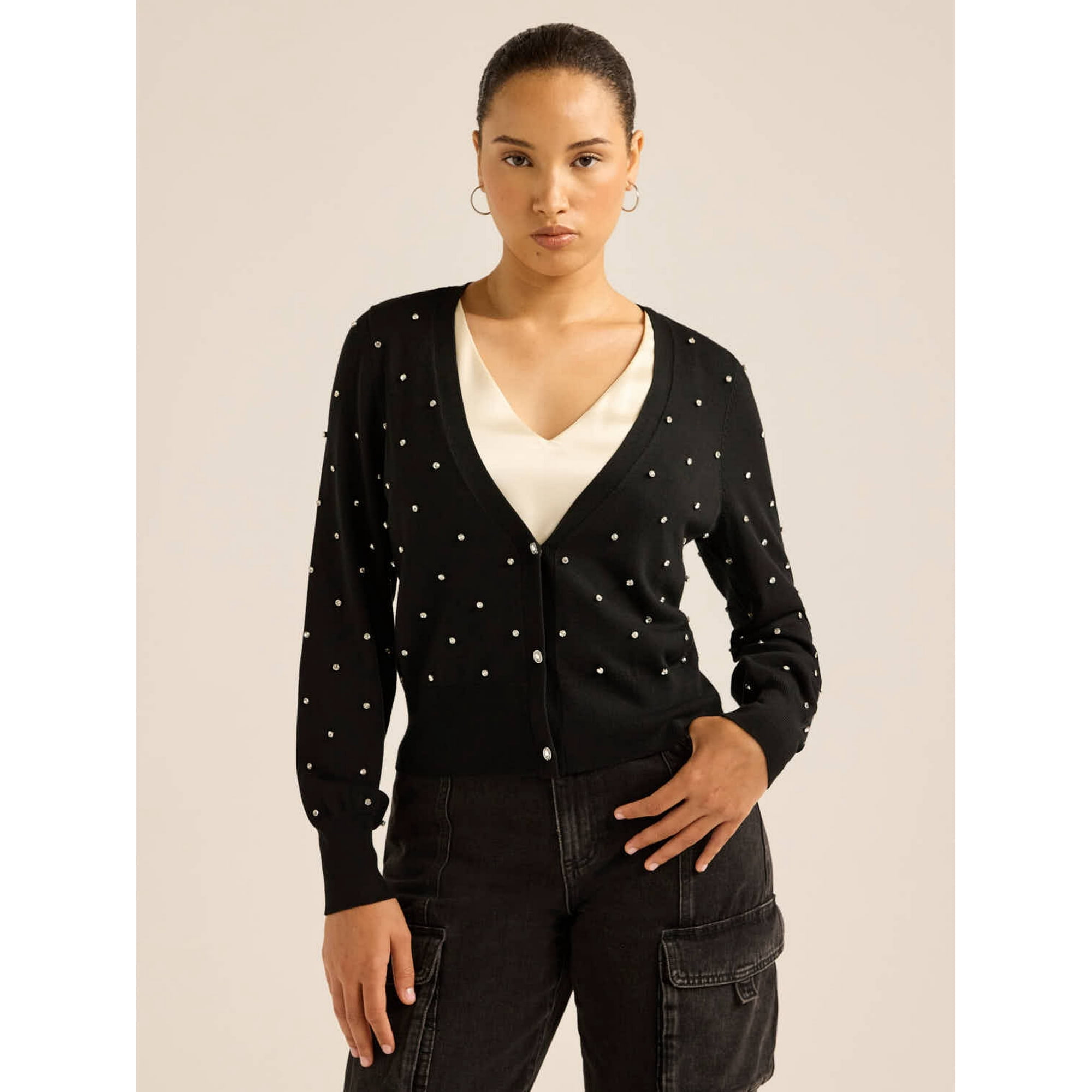Scoop Women's Rhinestone Embellished Cardigan Sweater, Lightweight, XS ...