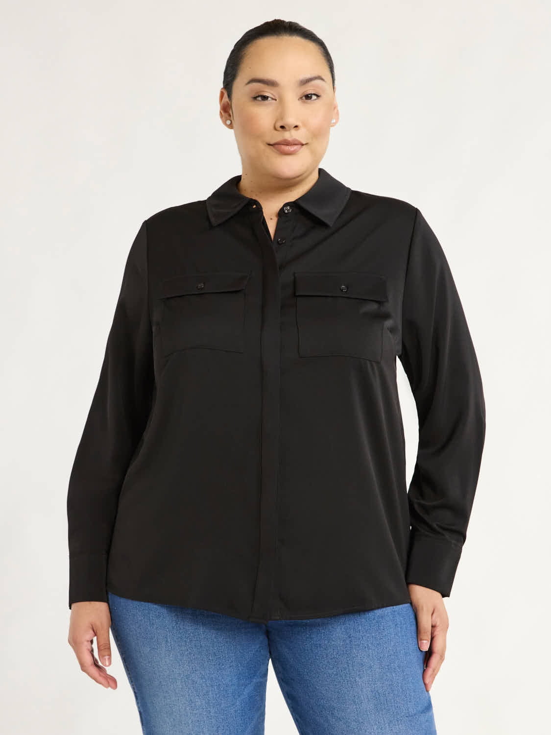 Scoop Women's & Women's Plus Button Down Blouse with Two Pockets, Sizes ...