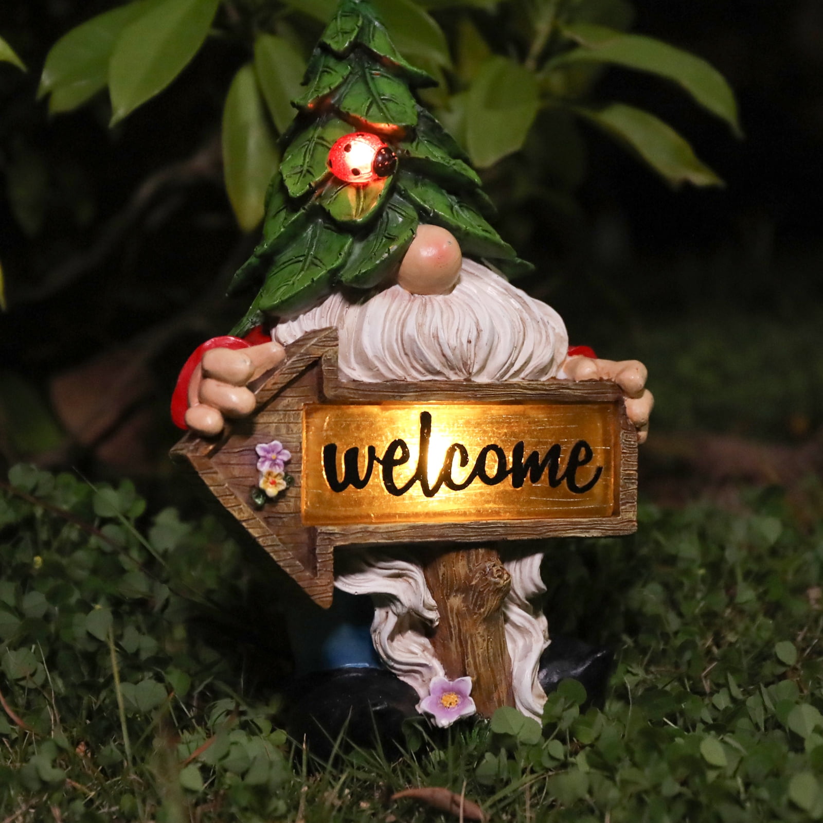 WONDER GARDEN Resin Gnome Figurine with Solar LED Lights (Welcome ...