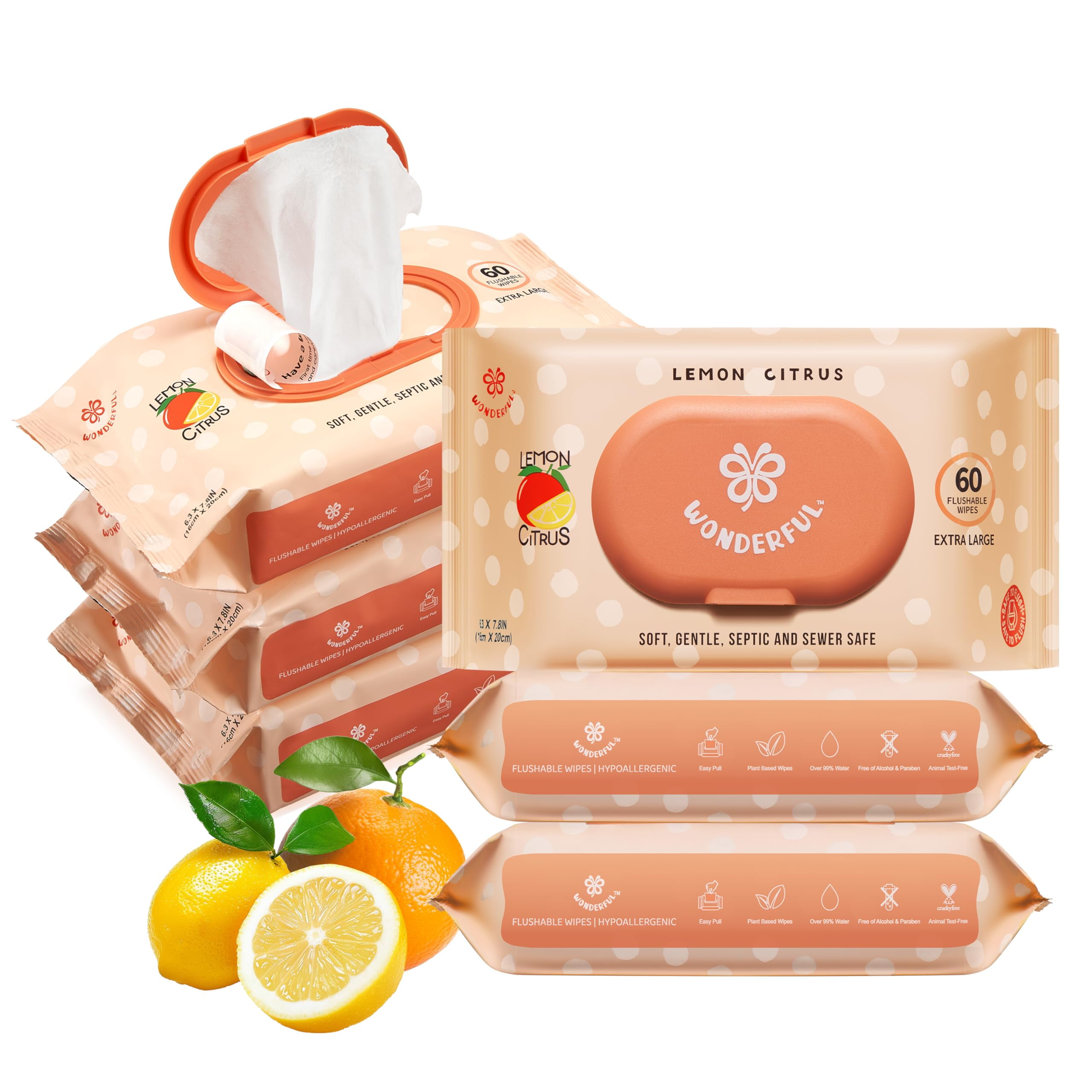 WONDERFUL Flushable Wipes, Lemon Citrus 100% Plant-Based Wet Butt Wipe ...