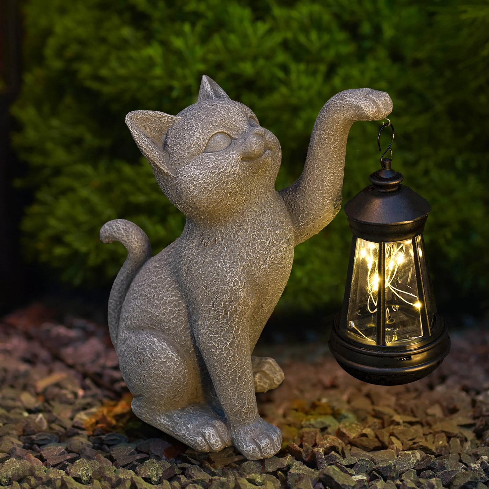 WONDHOME Solar Cat Garden Statues Resin Cat Figurine with Lantern for ...