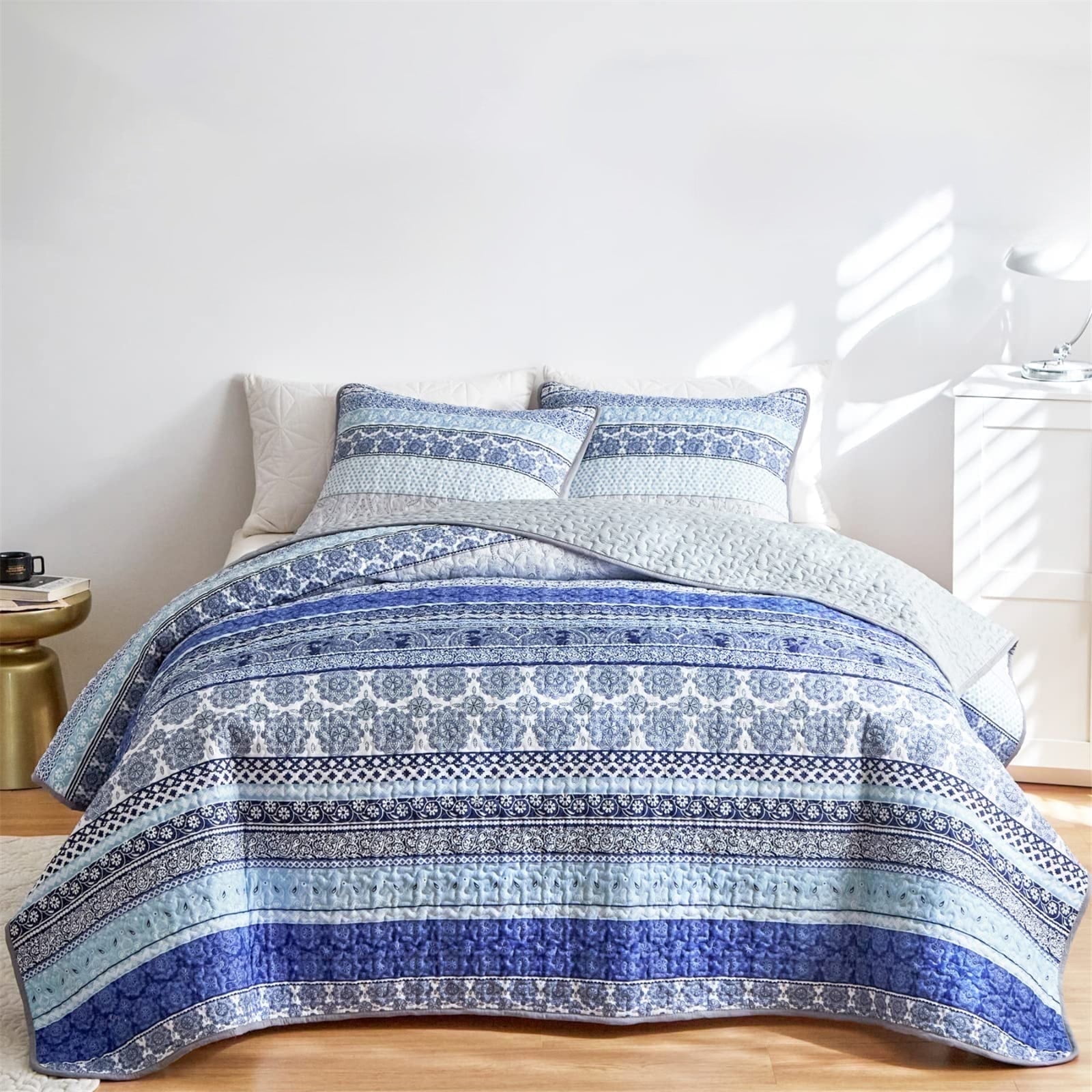 Dintszyayue, Bohemian Quilt Set, Queen Size 90"x96", Blue Stripe ...