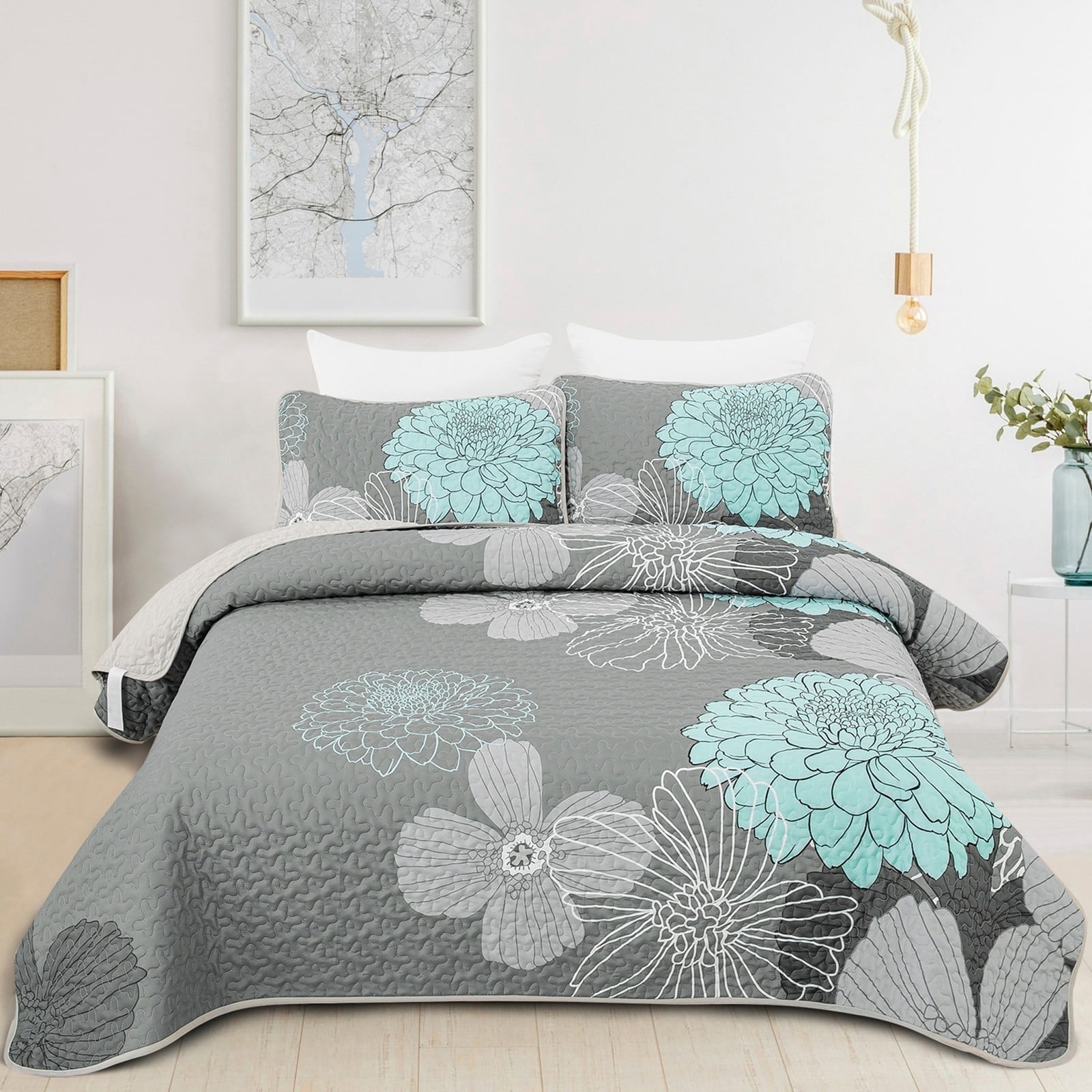 Dintszyayue Floral Quilt Set King Size,3Pcs Gray Bedding Set ...