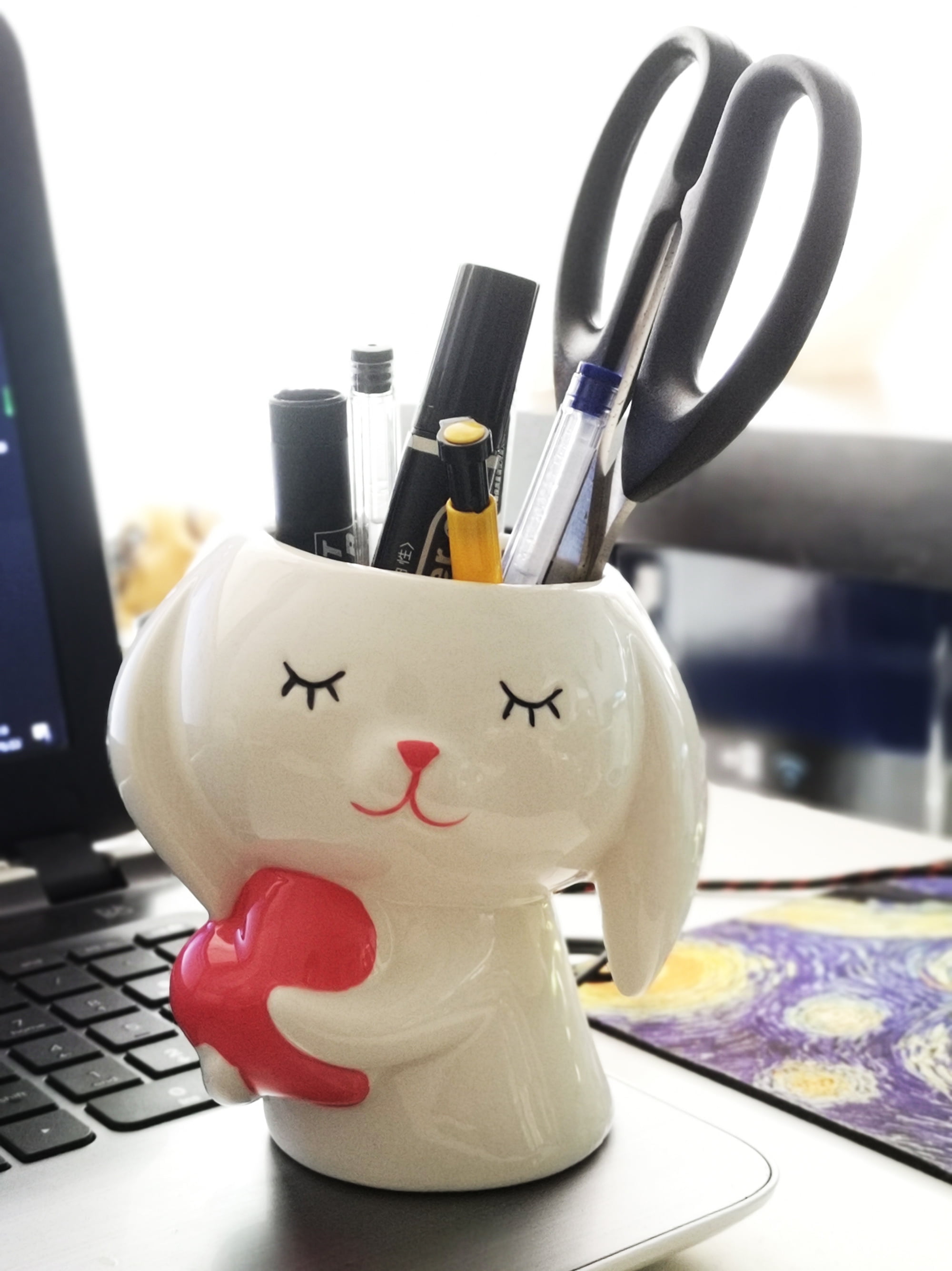 WONIU Ceramic Pencil Holder Bunny Cute Pen Cup Animal Rabbit Stationery ...