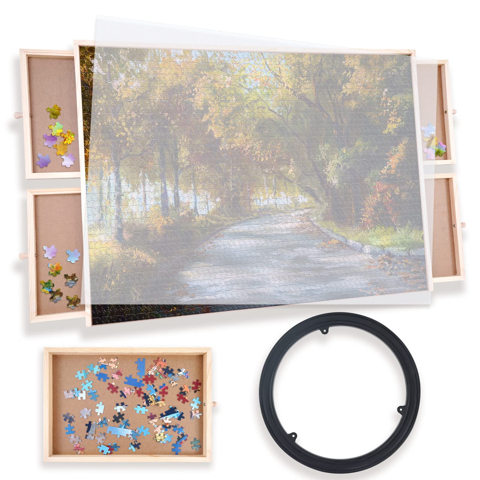 WOOD CITY 1000-Piece Puzzle Board with Storage Drawers, Rotating Puzzle ...