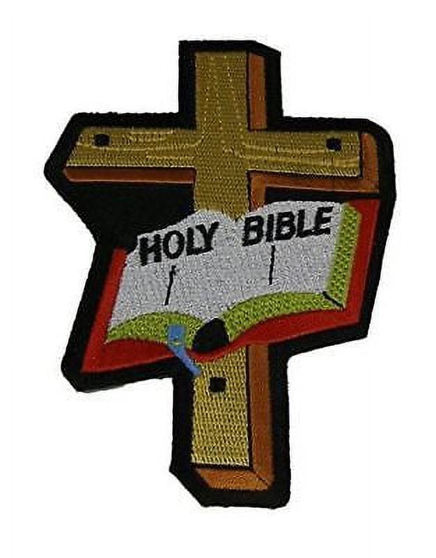 WOODEN CROSS WITH OPEN BIBLE RELIGIOUS PATCH CHRISTIAN HOLY SACRED BOOK ...