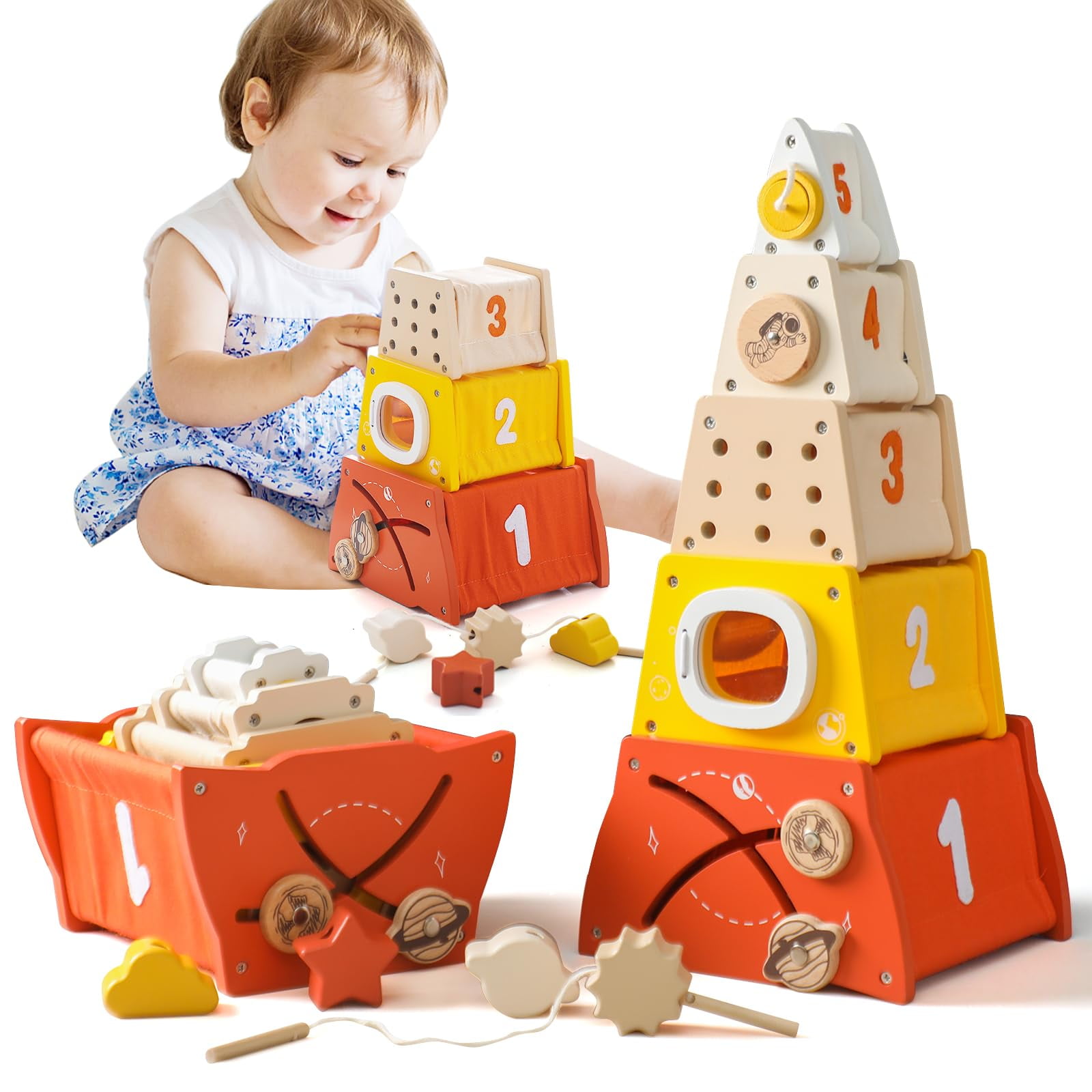 WOODEN TEETHER Stacking and STF9 Nesting Boxes Toy Sets Sorting ...