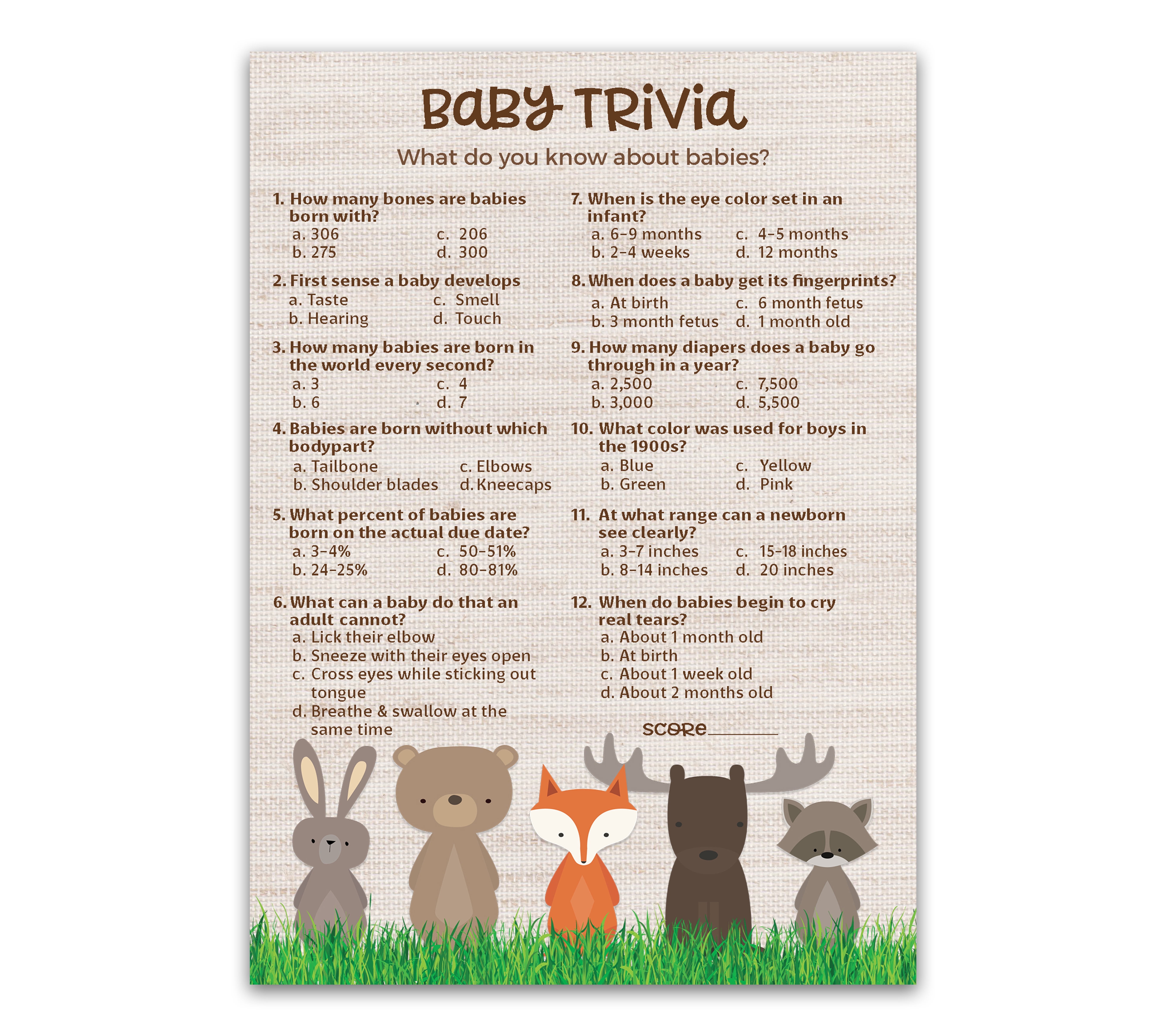 WOODLAND ANIMALS Baby Trivia Shower Game, Pack of 25, Gender Neutral ...