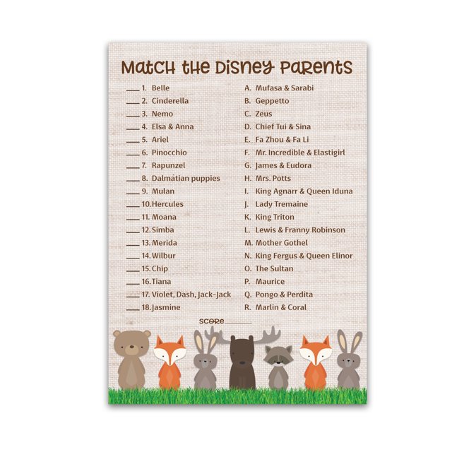 WOODLAND ANIMALS Baby Shower Games DISNEY PARENT MATCH Baby Shower Game ...
