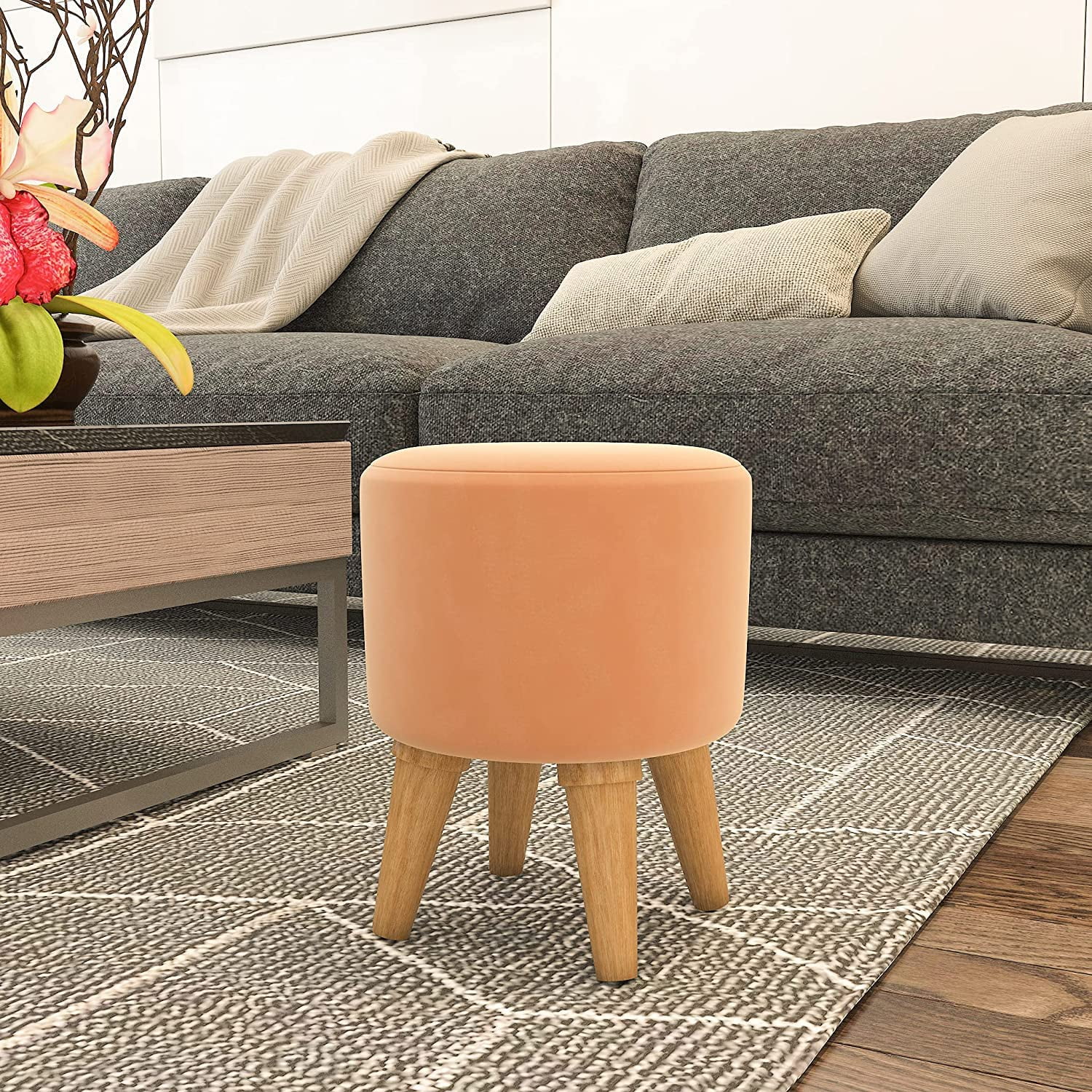 WOODWALLZ Velvet Round Ottoman Foot Rest Stool Linen Fabric Padded Seat ...