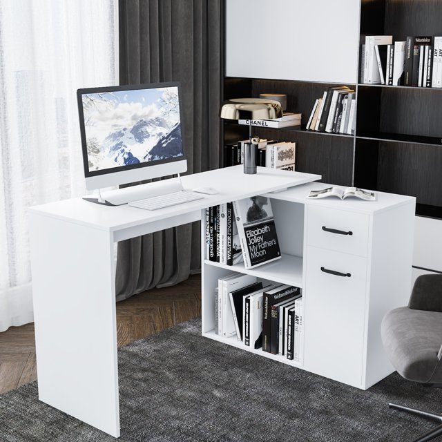 WOODYHOME L-Shaped Corner Desk, 180° Rotating, with 2 Shelves, for Home ...