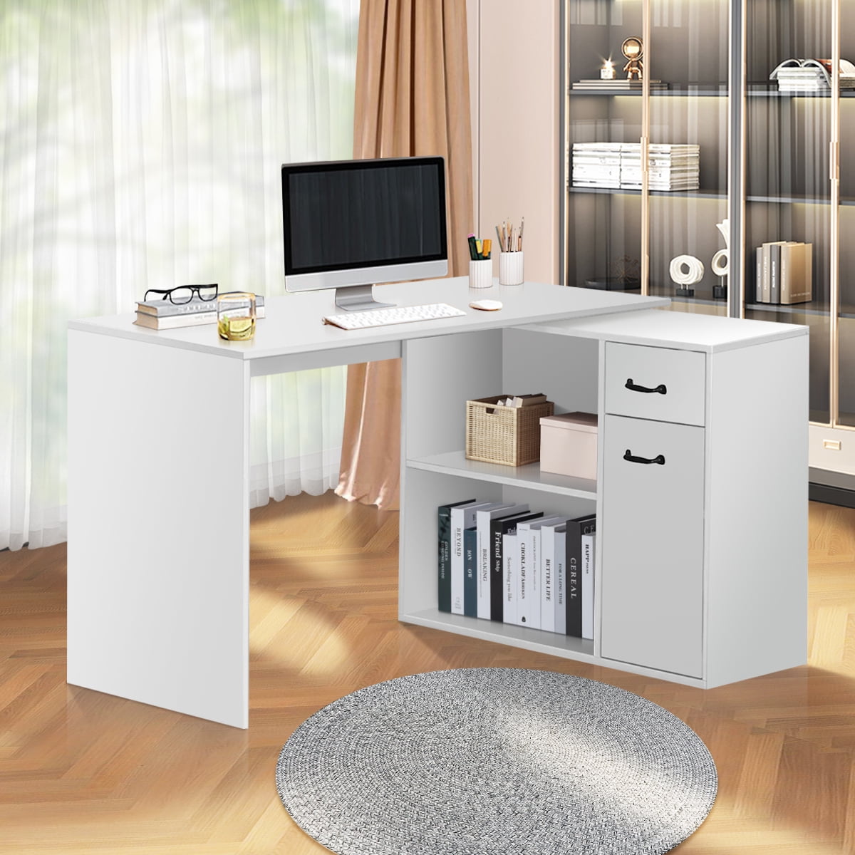WOODYHOME L-Shaped Rotating Computer Desk with Two Drawers and Shelves ...