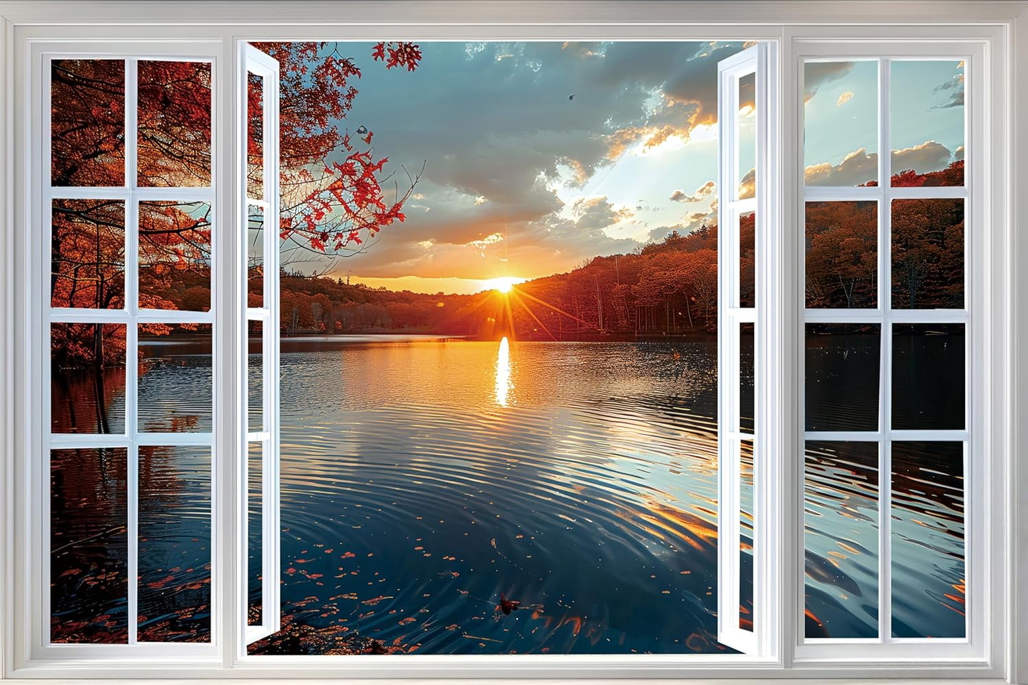 WOOHOOROO Autumn an Lake Peel and Stick Fake Window Sticker Murals ...