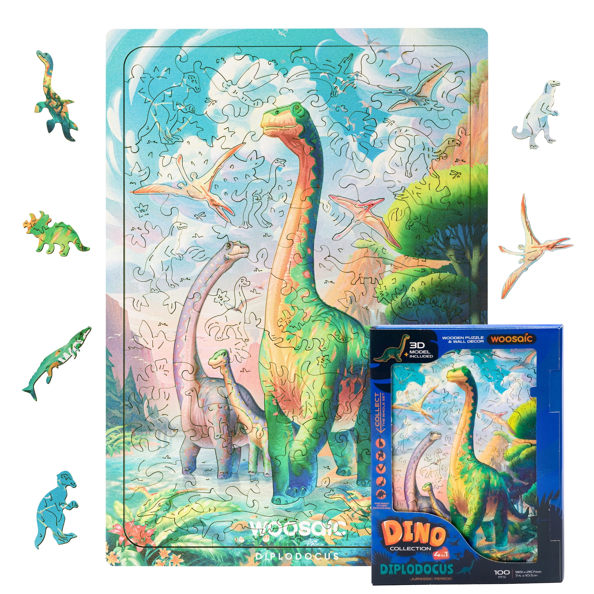 WOOSAIC Original Wooden Dinosaur Jigsaw Puzzle - Diplodocus, 100 pcs, 7 ...
