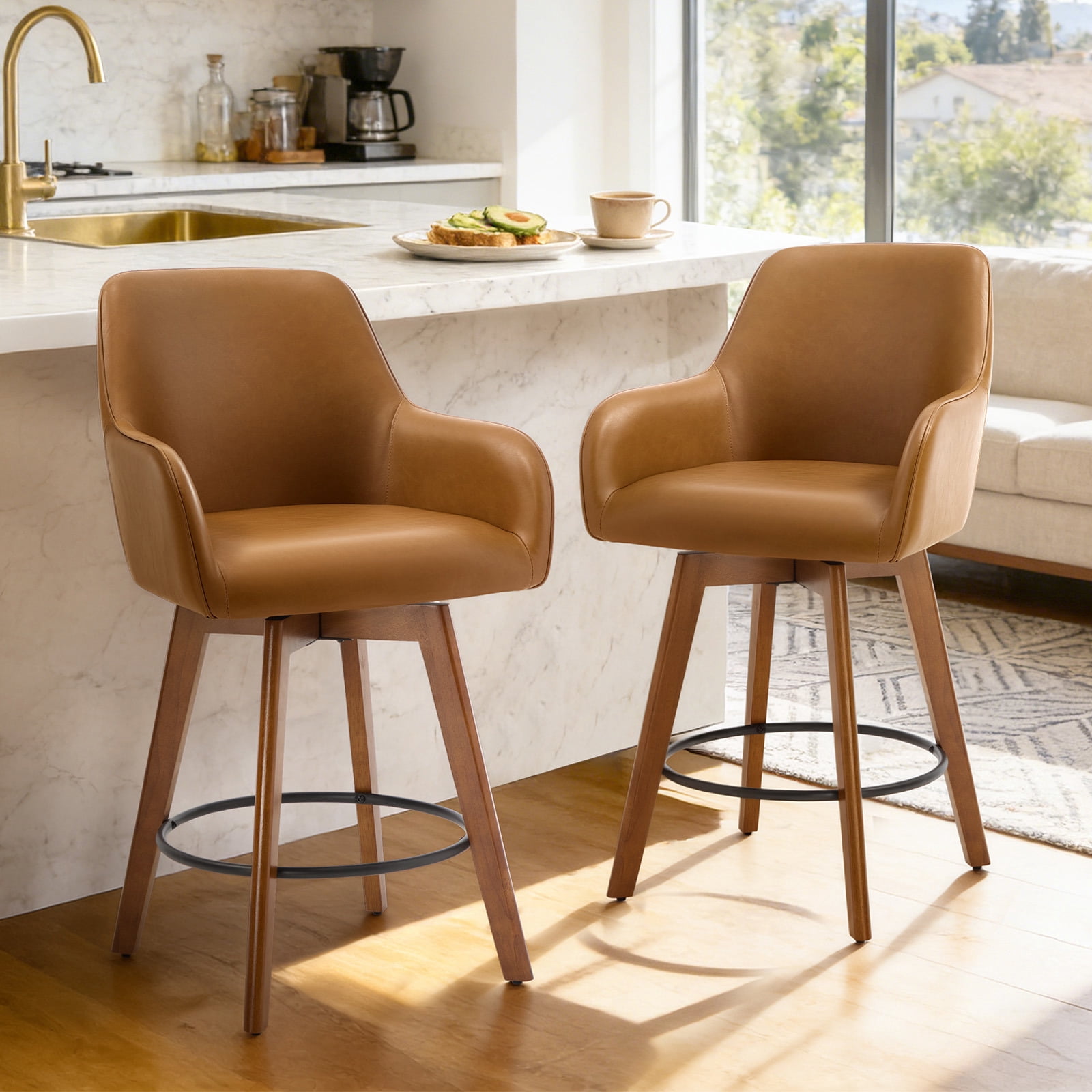 WOOW DEPOT 25" Swivel Bar Stools Large Seat Set of 1, Upholstered PU ...