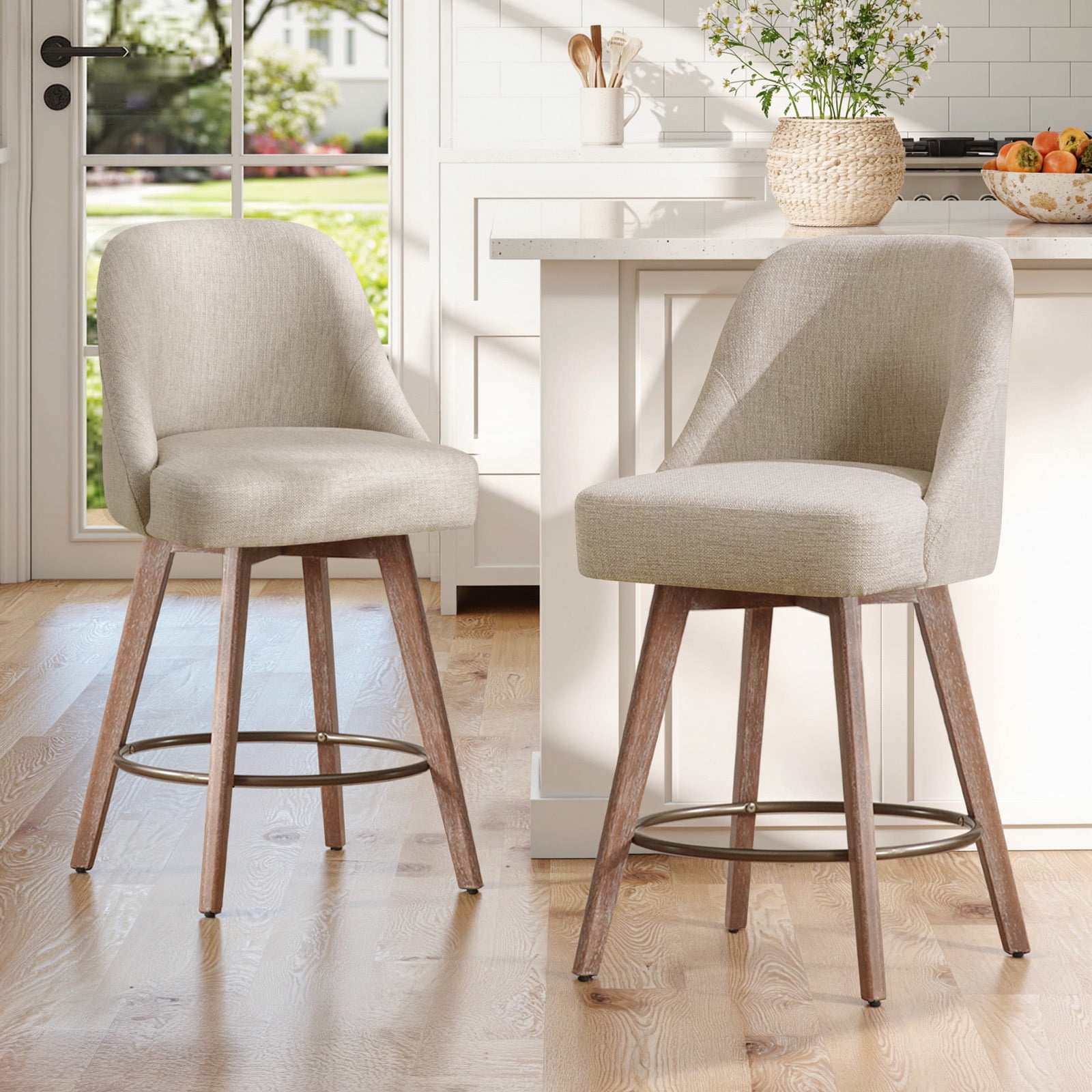 WOOW DEPOT 26" Swivel Bar Stools Large Seat Set of 2, Upholstered Linen ...