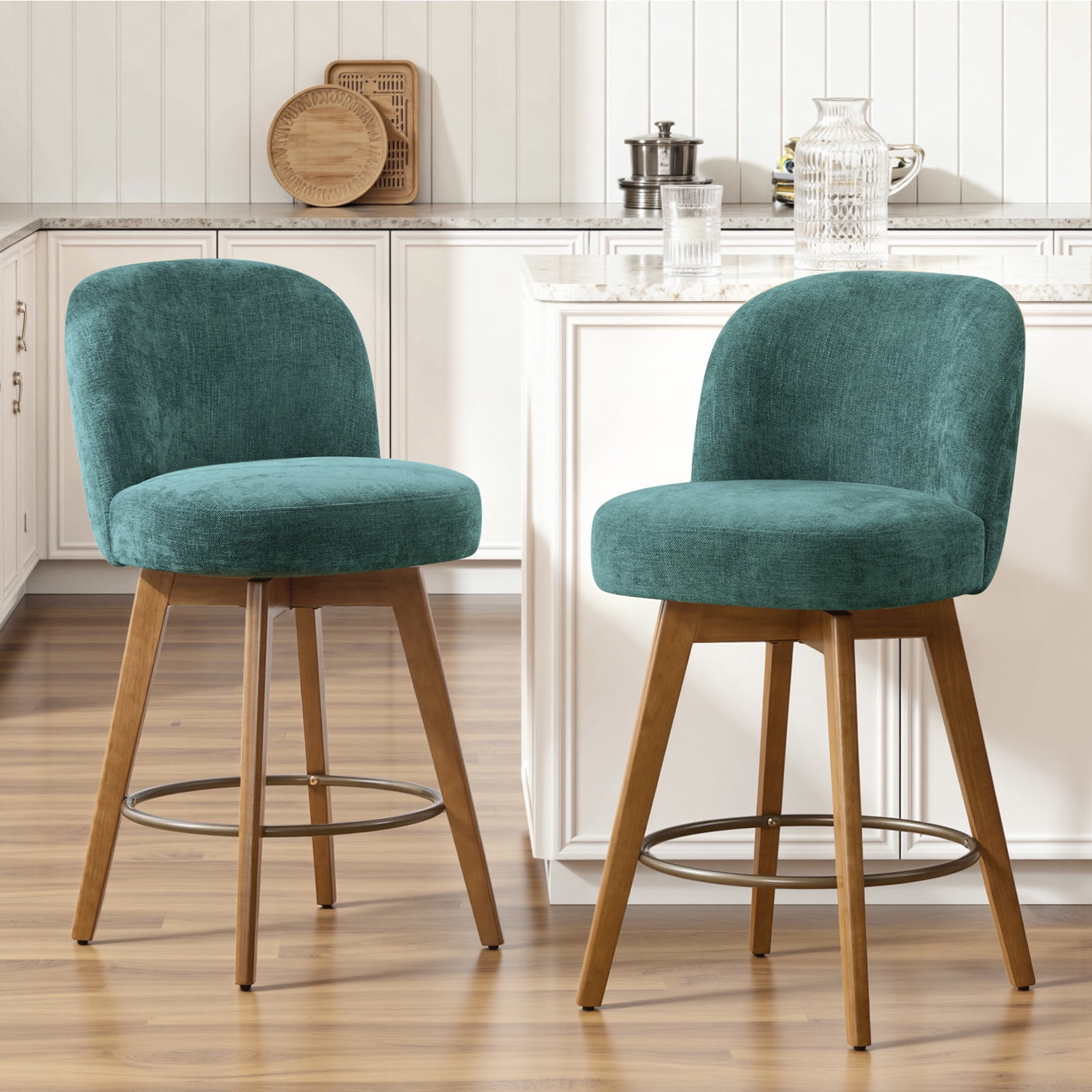 WOOW DEPOT 26" Swivel Chenille Bar Stools Set of 2, w/ 3.9" Thick Large ...