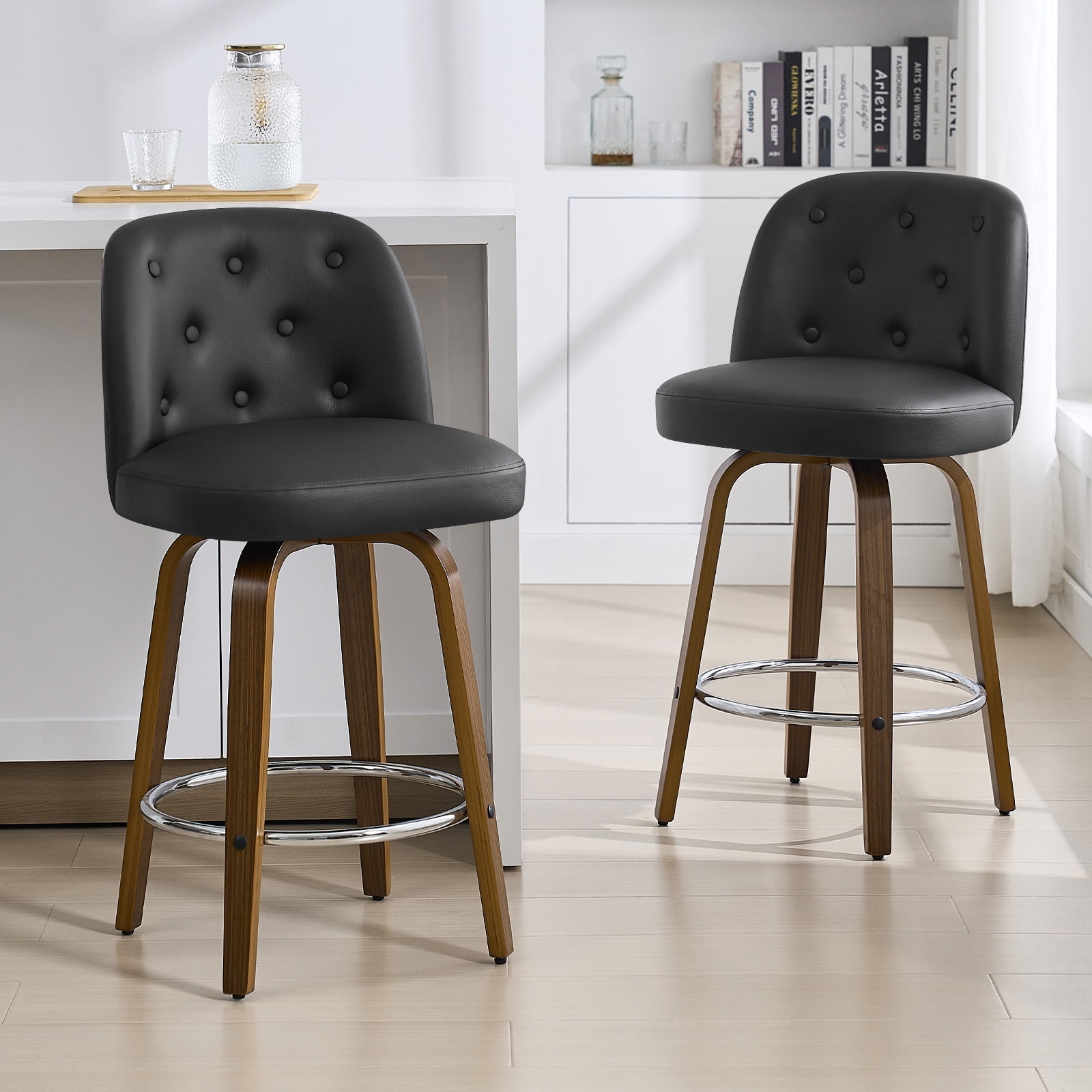 WOOW DEPOT Button-tufted Swivel Bar Stools Set of 2, 26" Upholstered PU ...